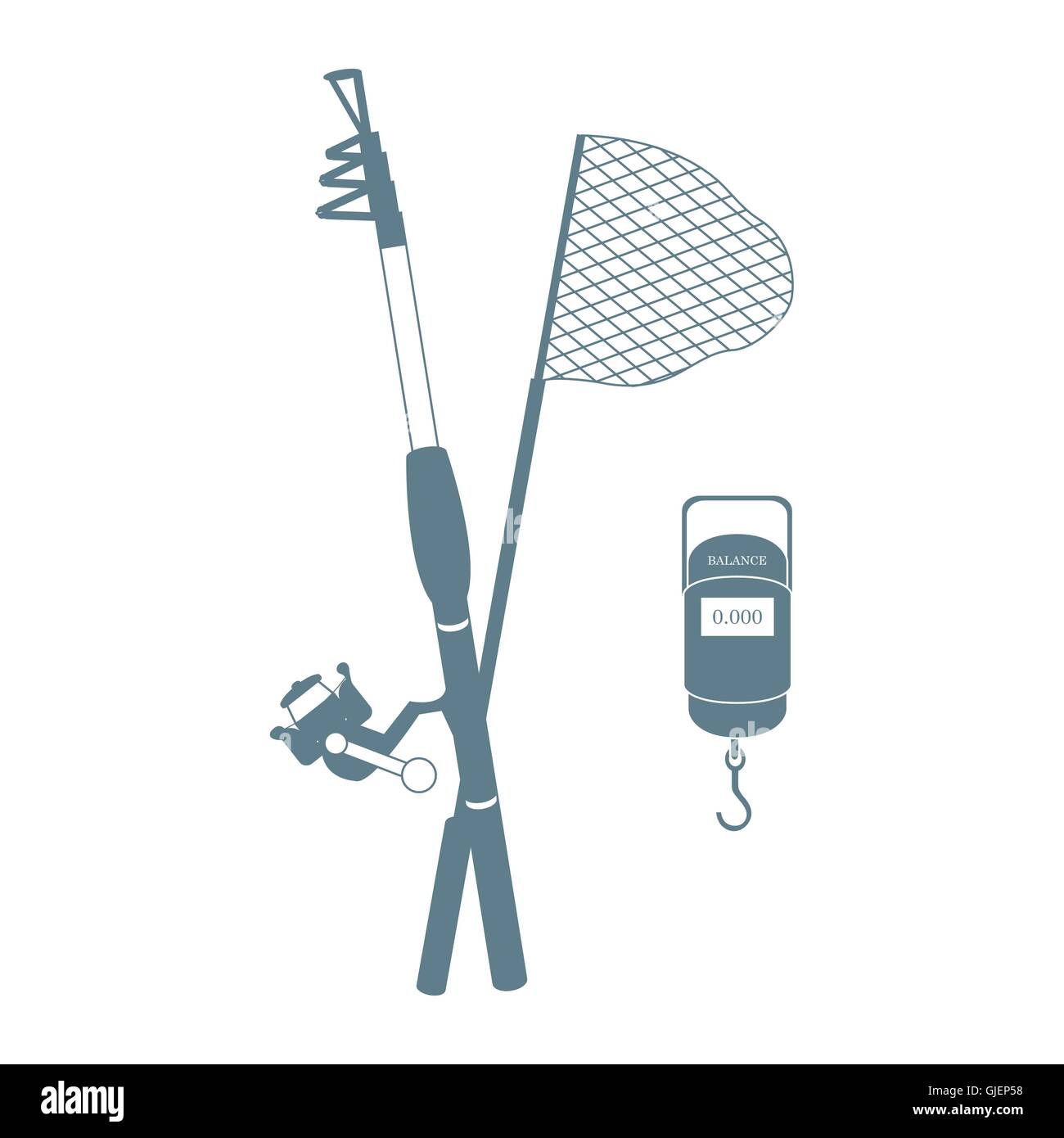 Stylized icon set of different tools for fishing on a white background ...