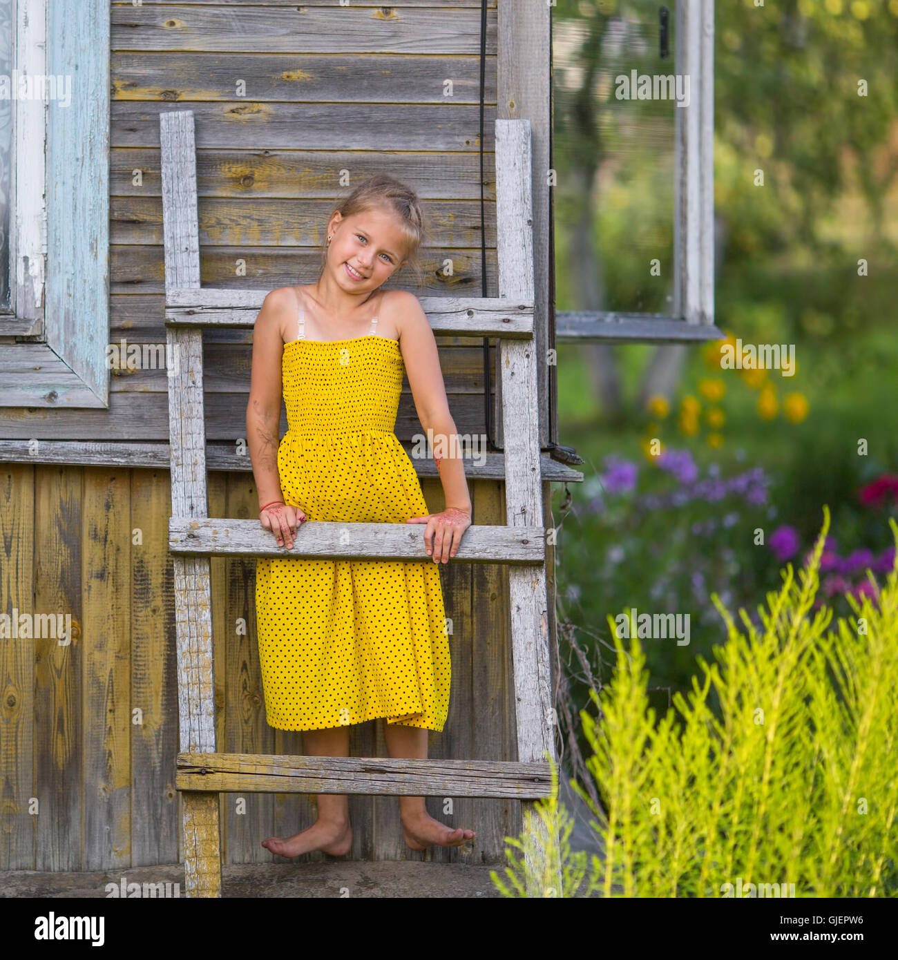 Cute little girl stands on a wooden ladder at the wall of a village ...