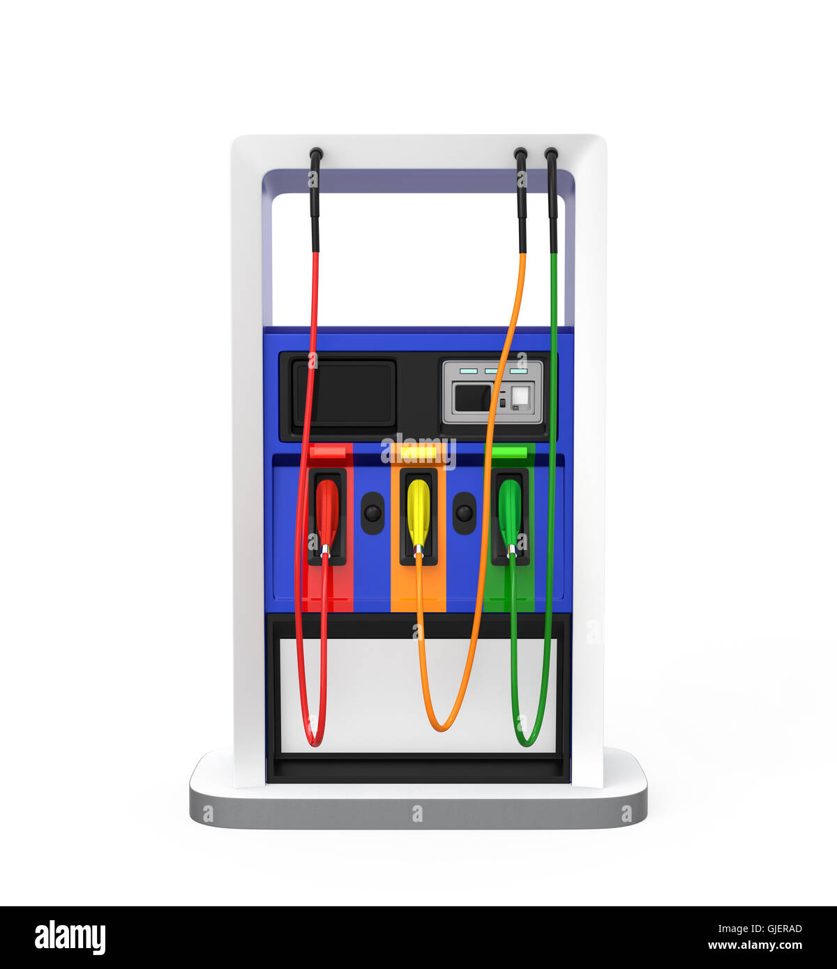 Front view of modern fuel dispenser isolated on white background. 3D ...
