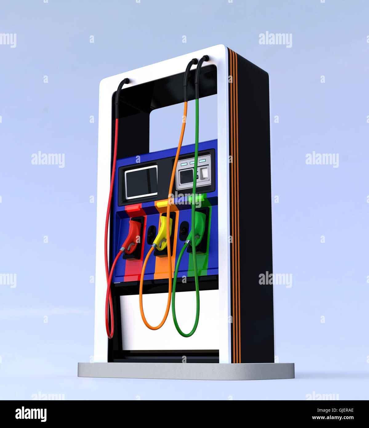 Modern fuel dispenser isolated on light blue background. 3D rendering ...