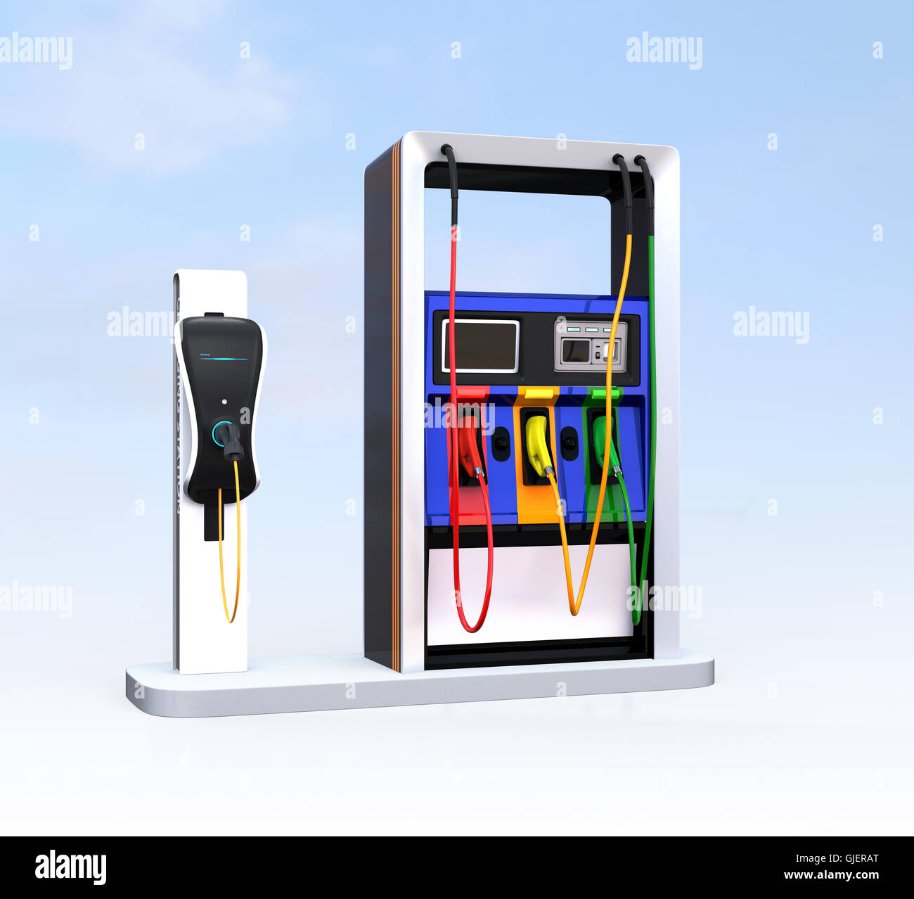 EV charging station and gas station isolated on light blue background ...