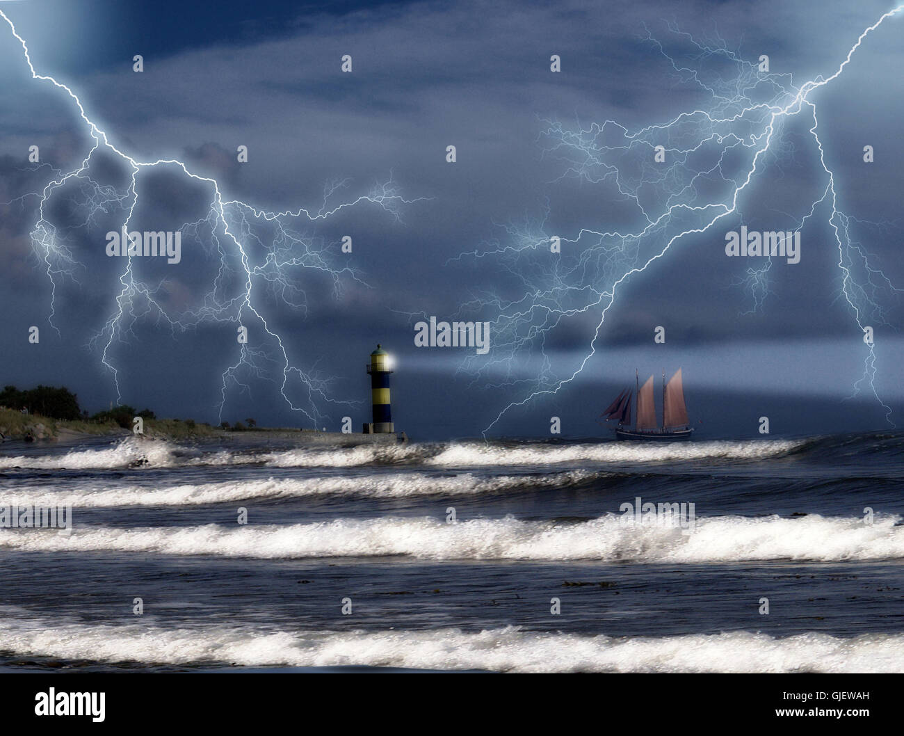 Lighthouse ship storm sea waves hi-res stock photography and images - Alamy