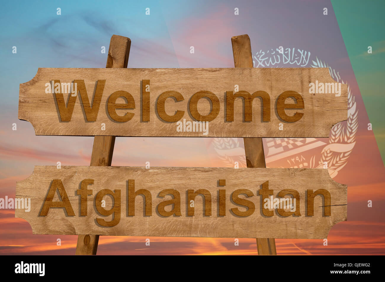 Welcome to Afghanistan sing on wood background with blending national ...