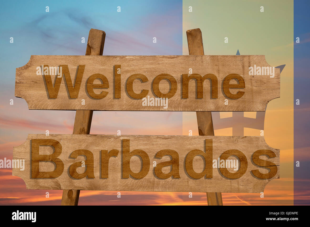 Welcome to Barbados sing on wood background with blending national flag ...