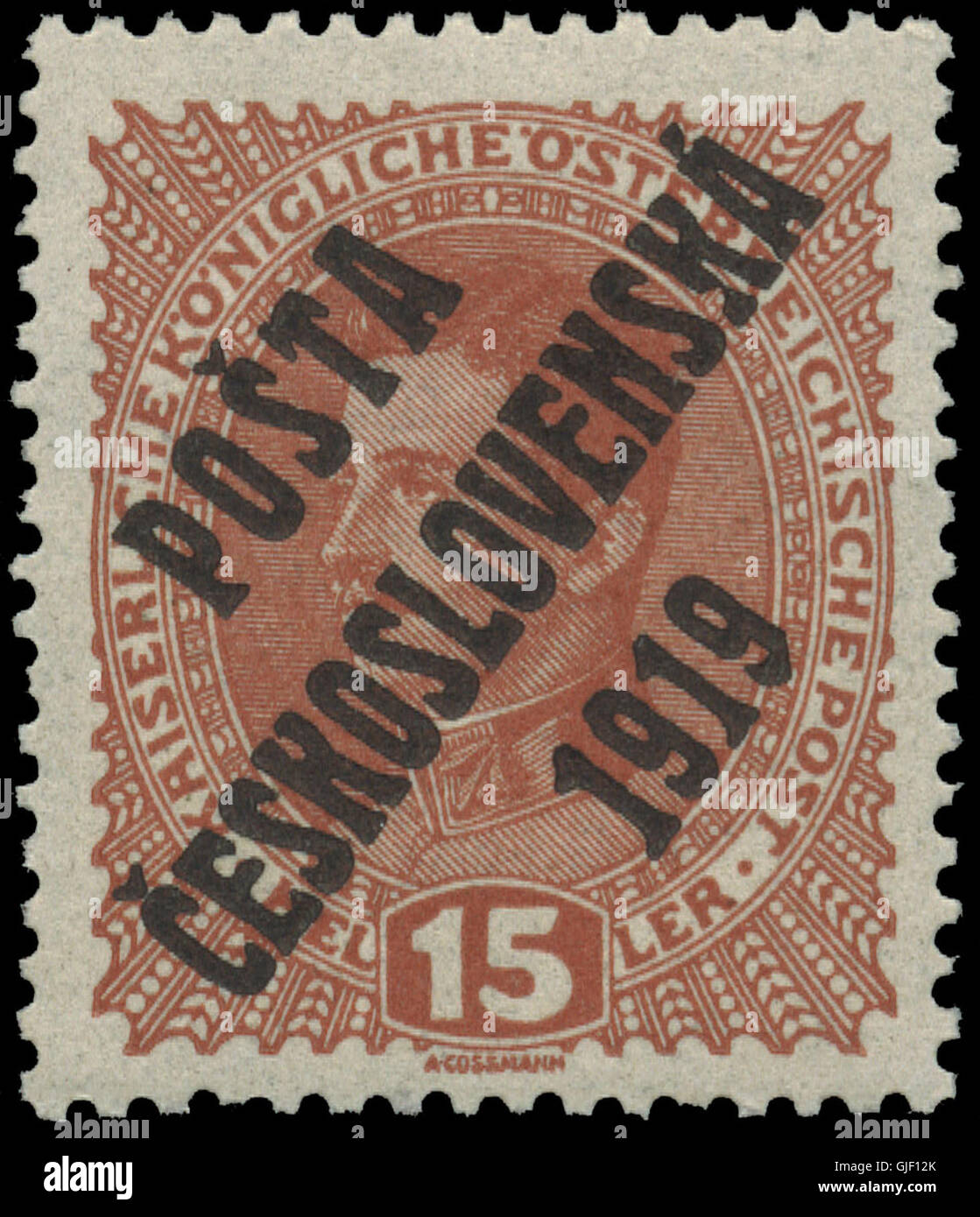 This 1919 Czechoslovakia stamp, cataloged as Michel 63, marks the ...