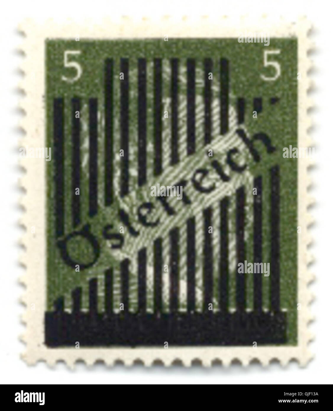 The 1945 Austria 5pf stamp features an overprinted bar design, issued ...
