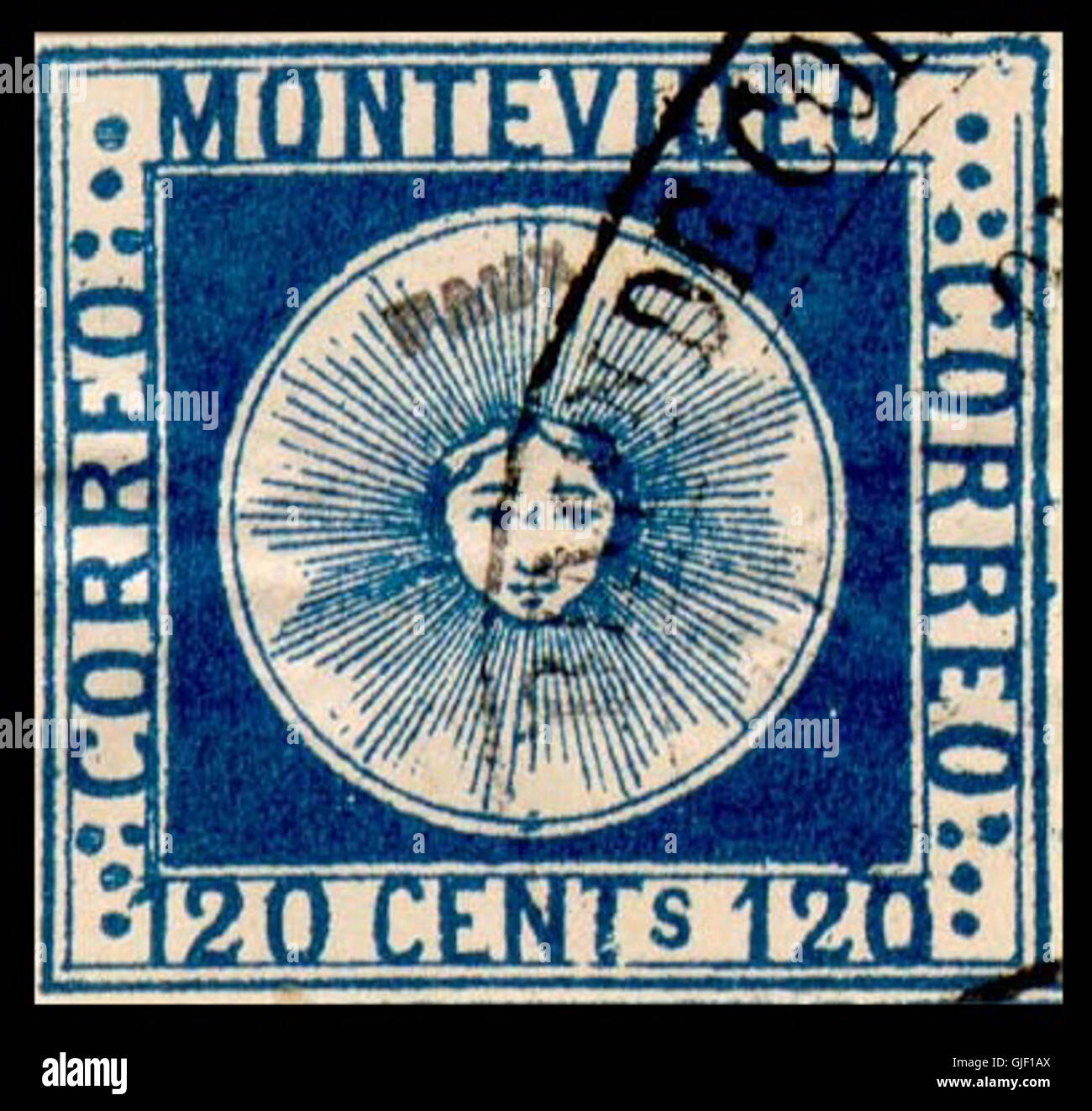 The 1858 Uruguay 120c Fournier Counterfeit stamp is a reproduction of ...