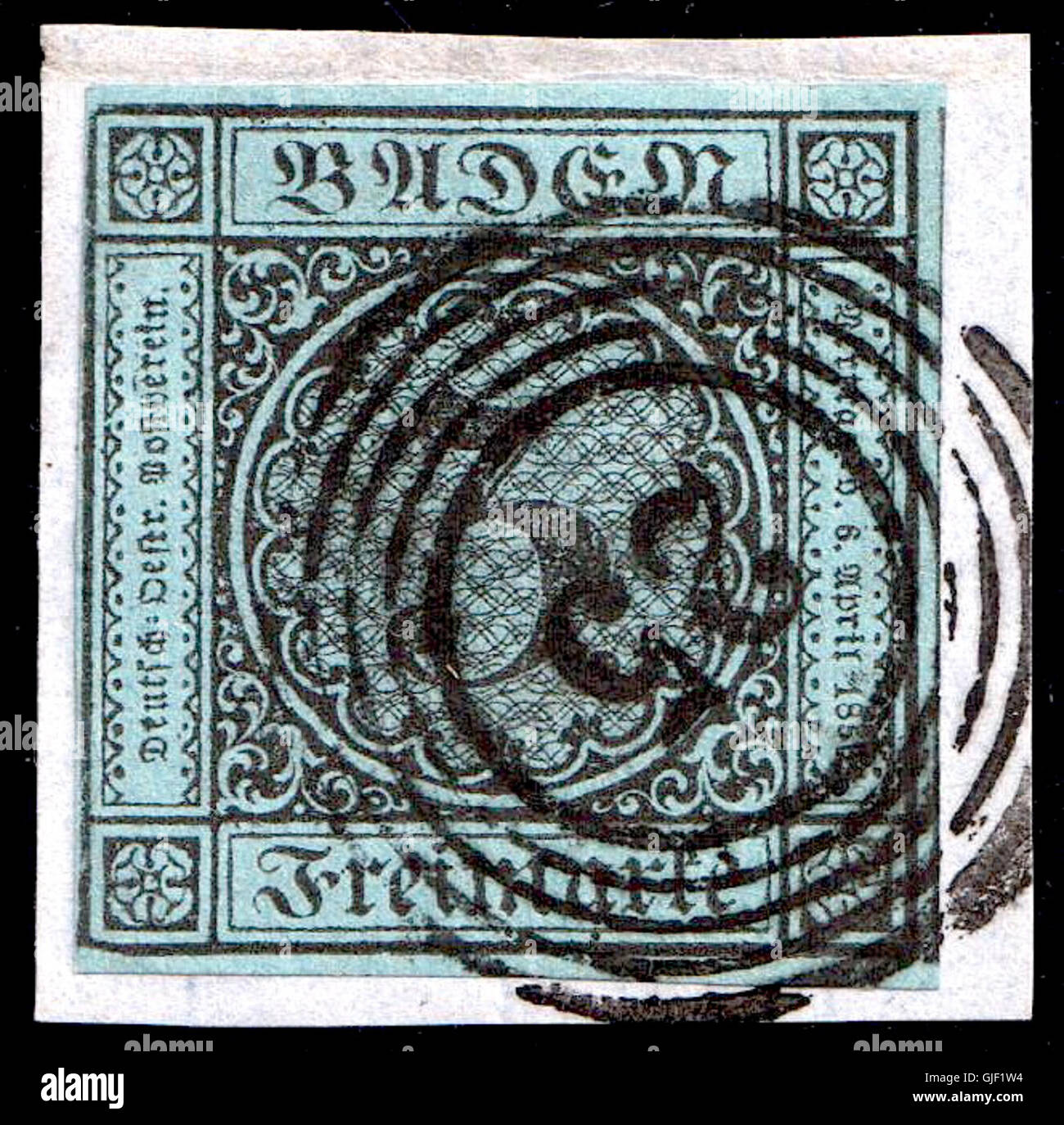 The Baden 1858 Sc8 stamp, featuring a 9 kreuzer denomination, was ...
