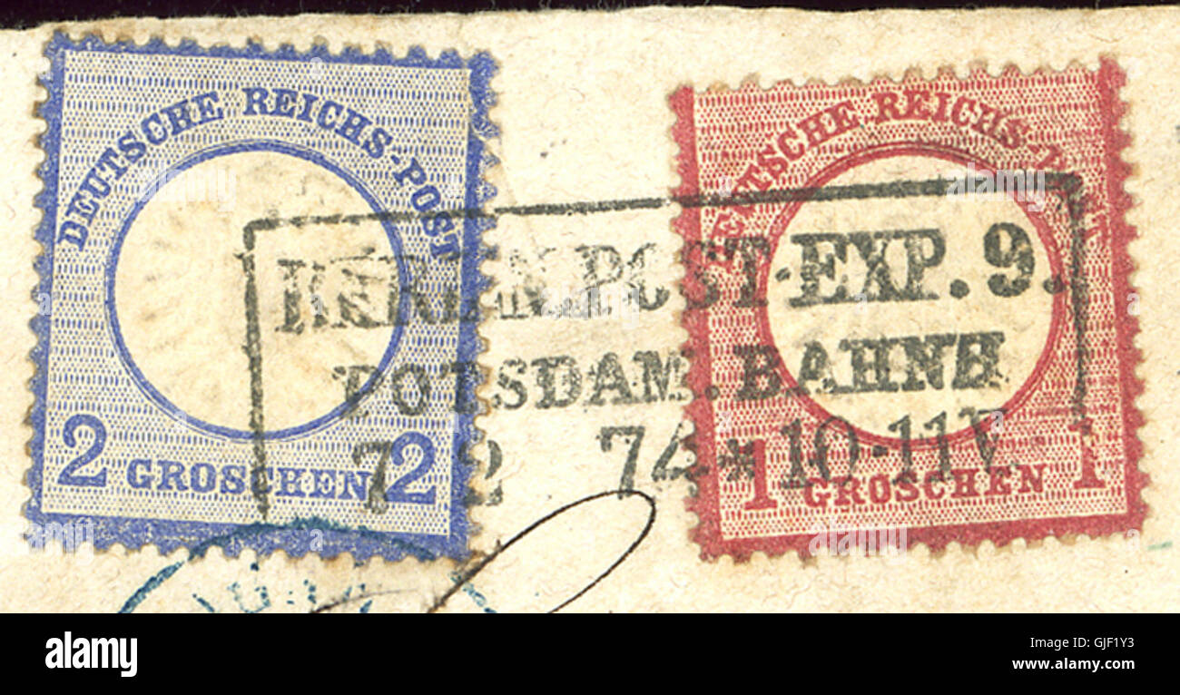 This stamp series from 1874 features the German Reich's postal system ...