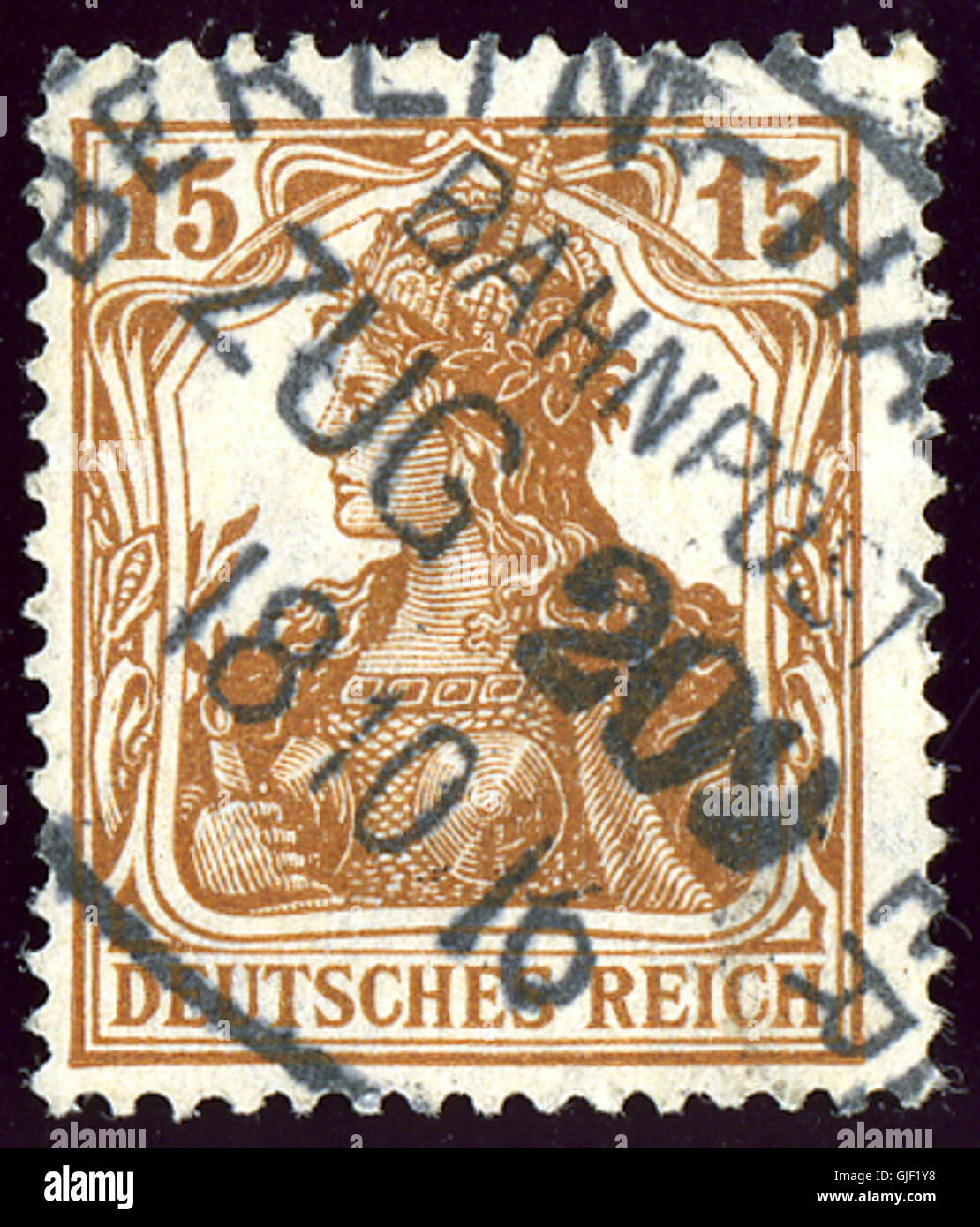 The 1916 Reich 15Pfg stamp (Mi100) features a design from the era of ...
