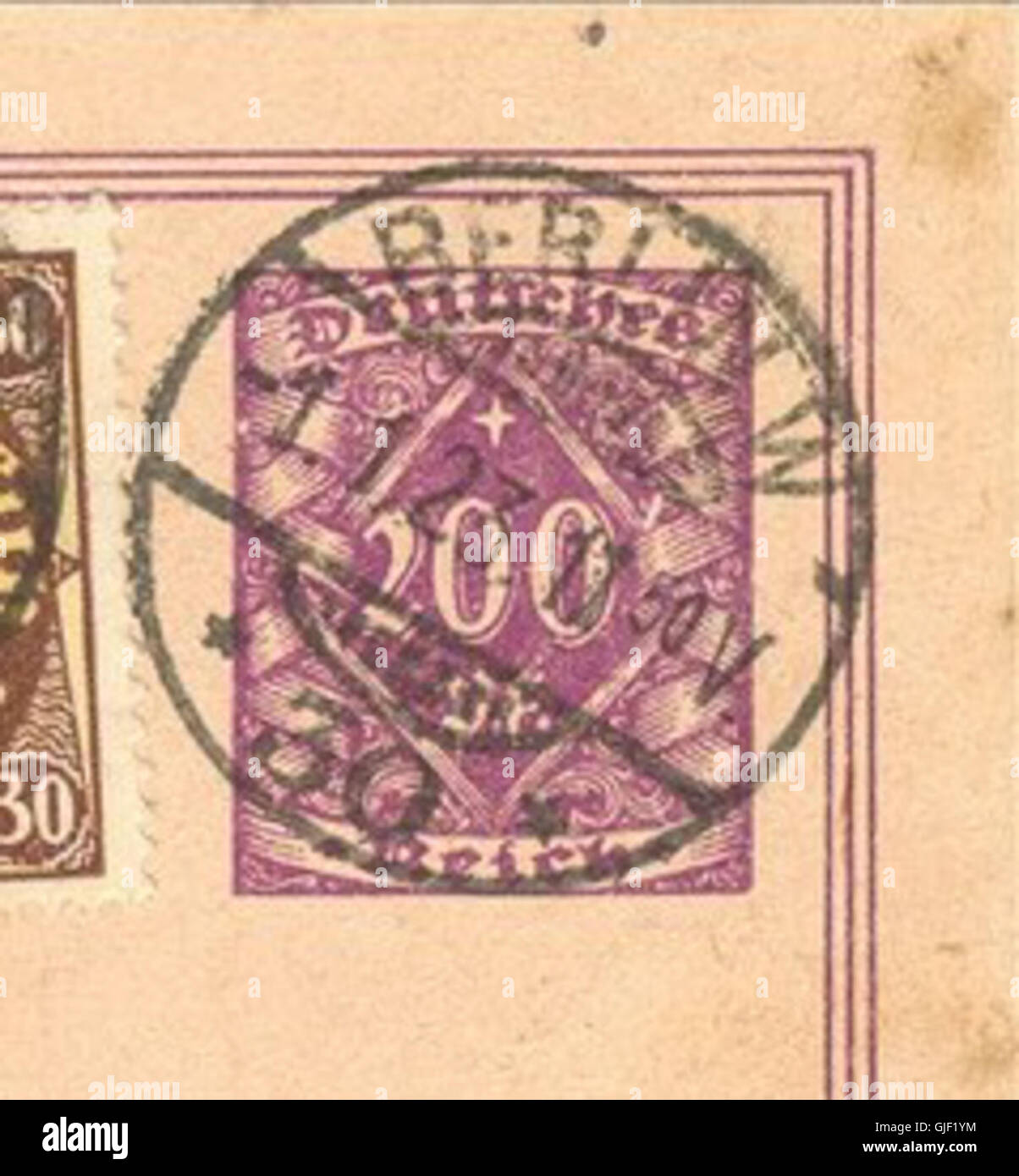 Berlin Rp 21 Kt 200 Pf 38 Mk 1.1.1923 stamp features a detailed design ...
