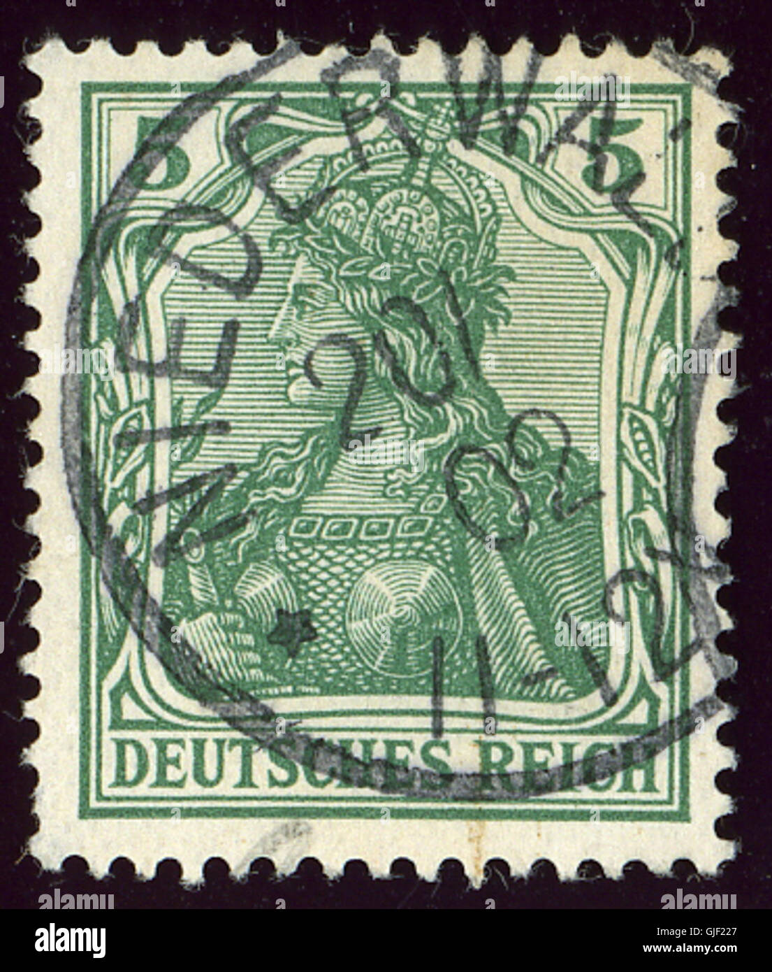 The 1902 Germania 5Pfg Niederwald Mi70 stamp features a detailed design ...