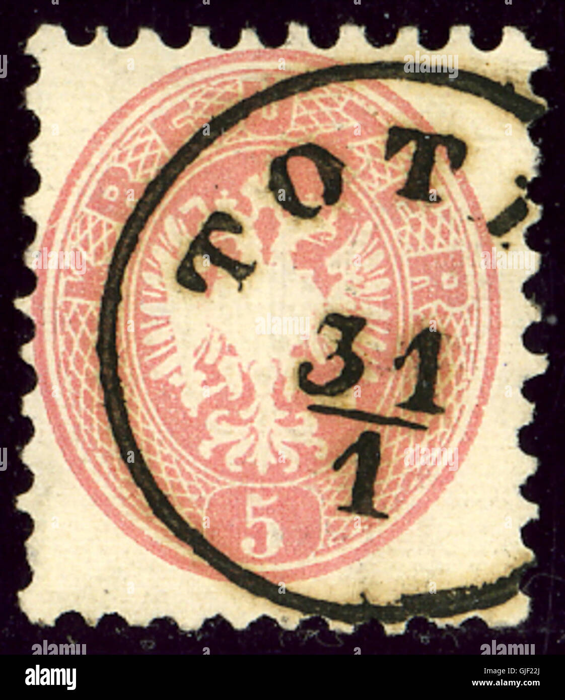 The 1864 Totis 5kr RSf stamp is an early Hungarian issue. It includes a ...
