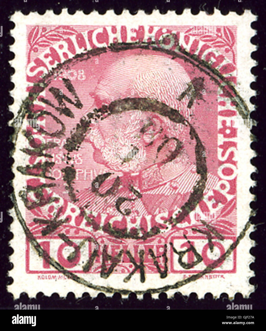 This 1909 stamp from Krakow (Krakau) features a historical postal mark ...
