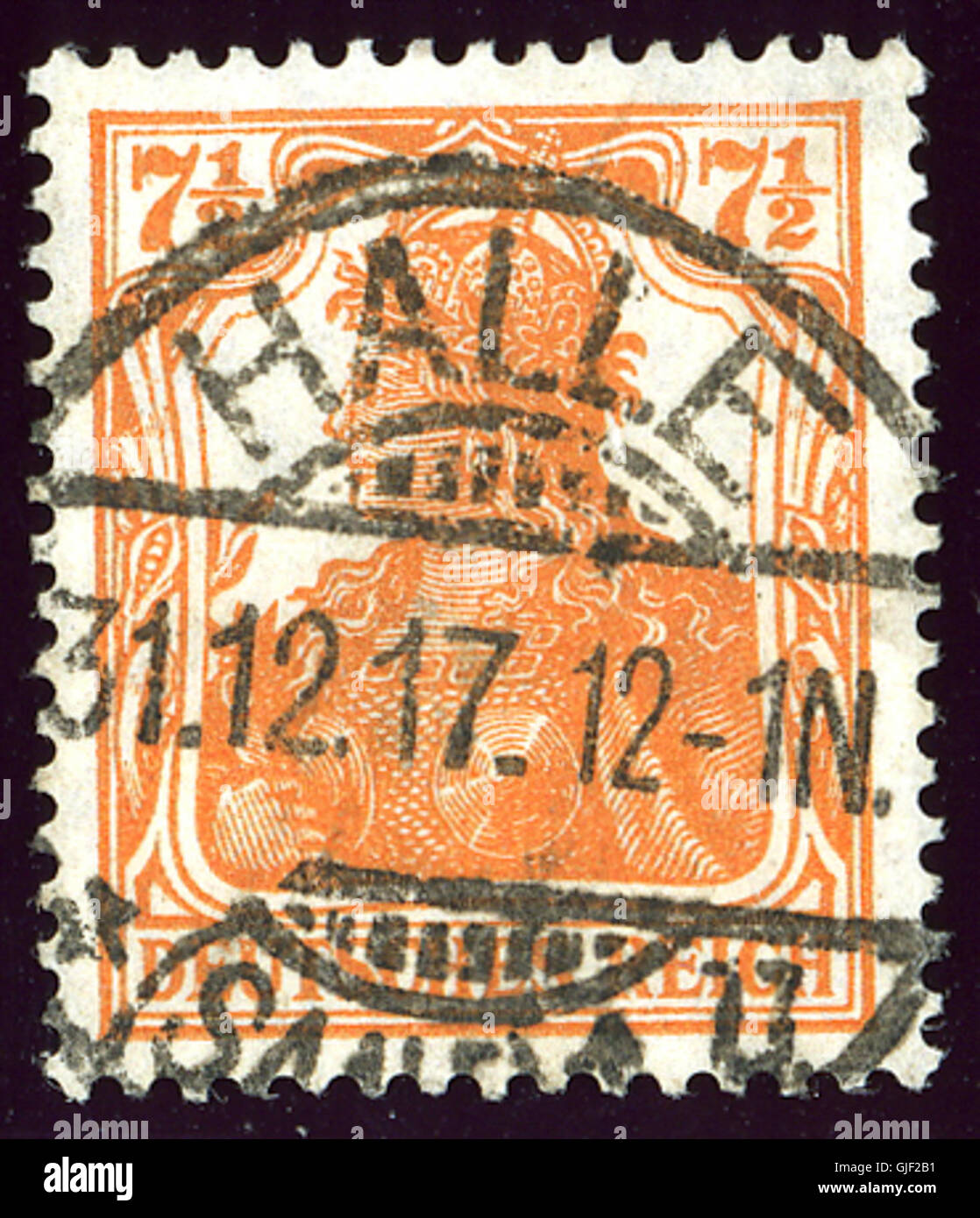 The 1917 Reich 7½ Halle Mi99 stamp from the German Empire features a ...