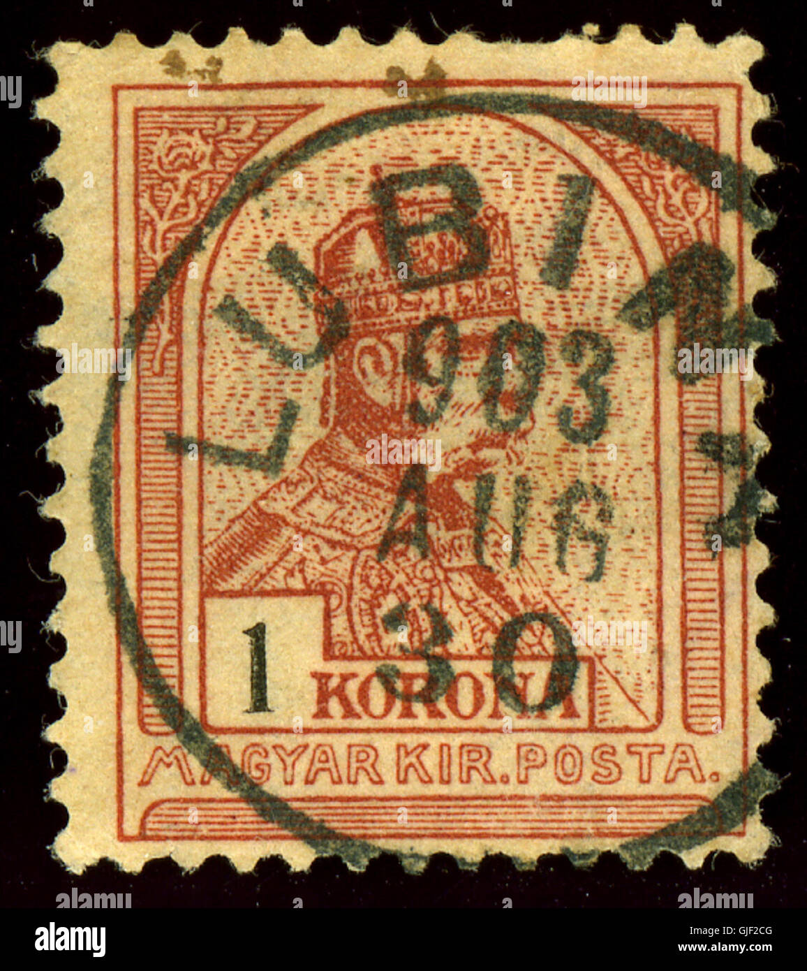 Issued in 1903, this Lubina stamp features a 1 Korona denomination ...
