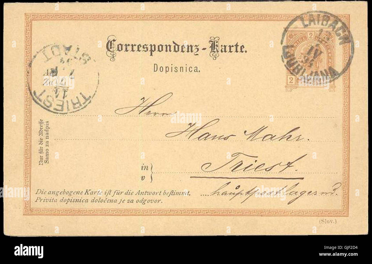 The 1894 Postcard from Ljubljana features a stamp used for sending mail ...