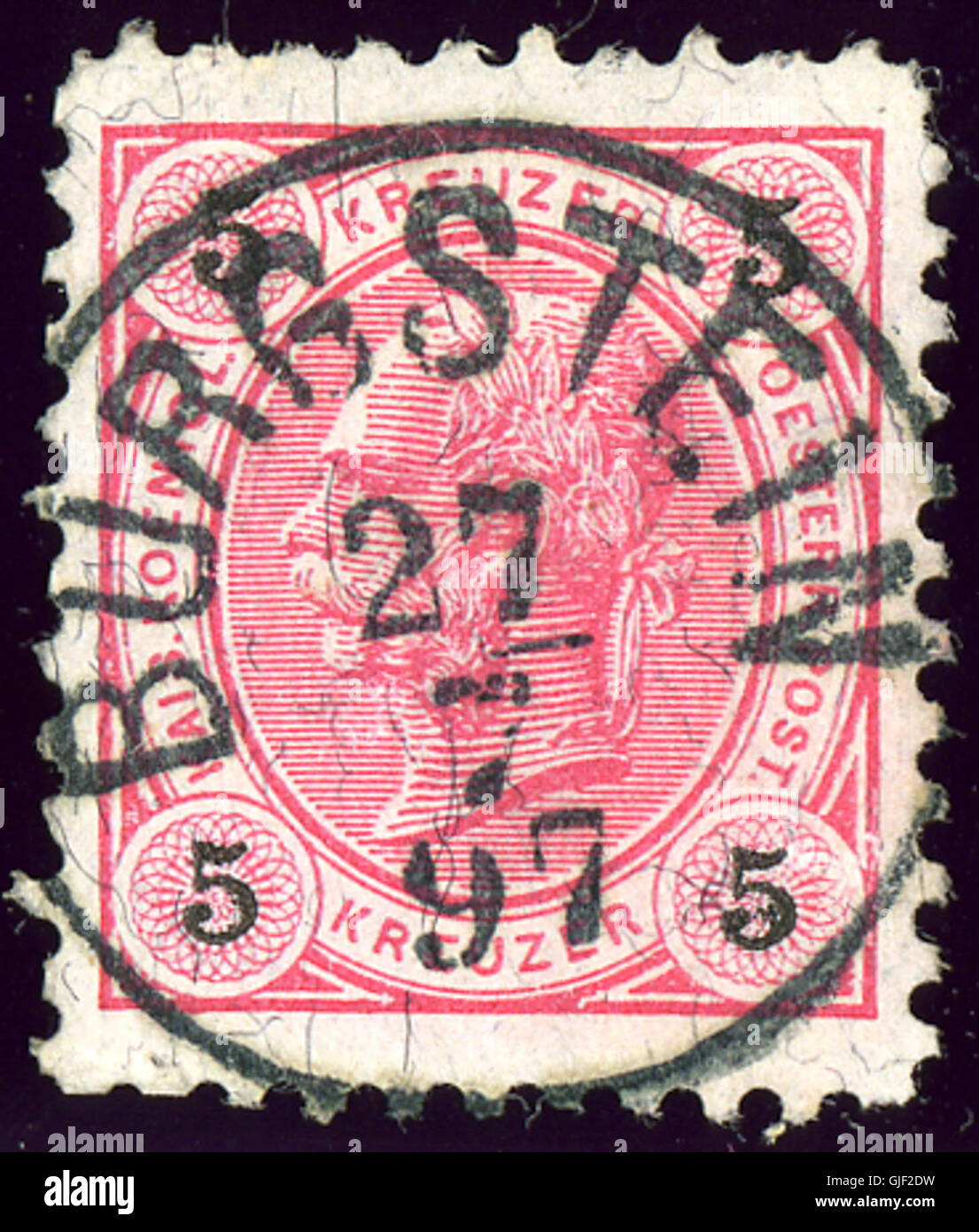 This 1897 stamp from Bürgstein, marked with the 5kr denomination and ...