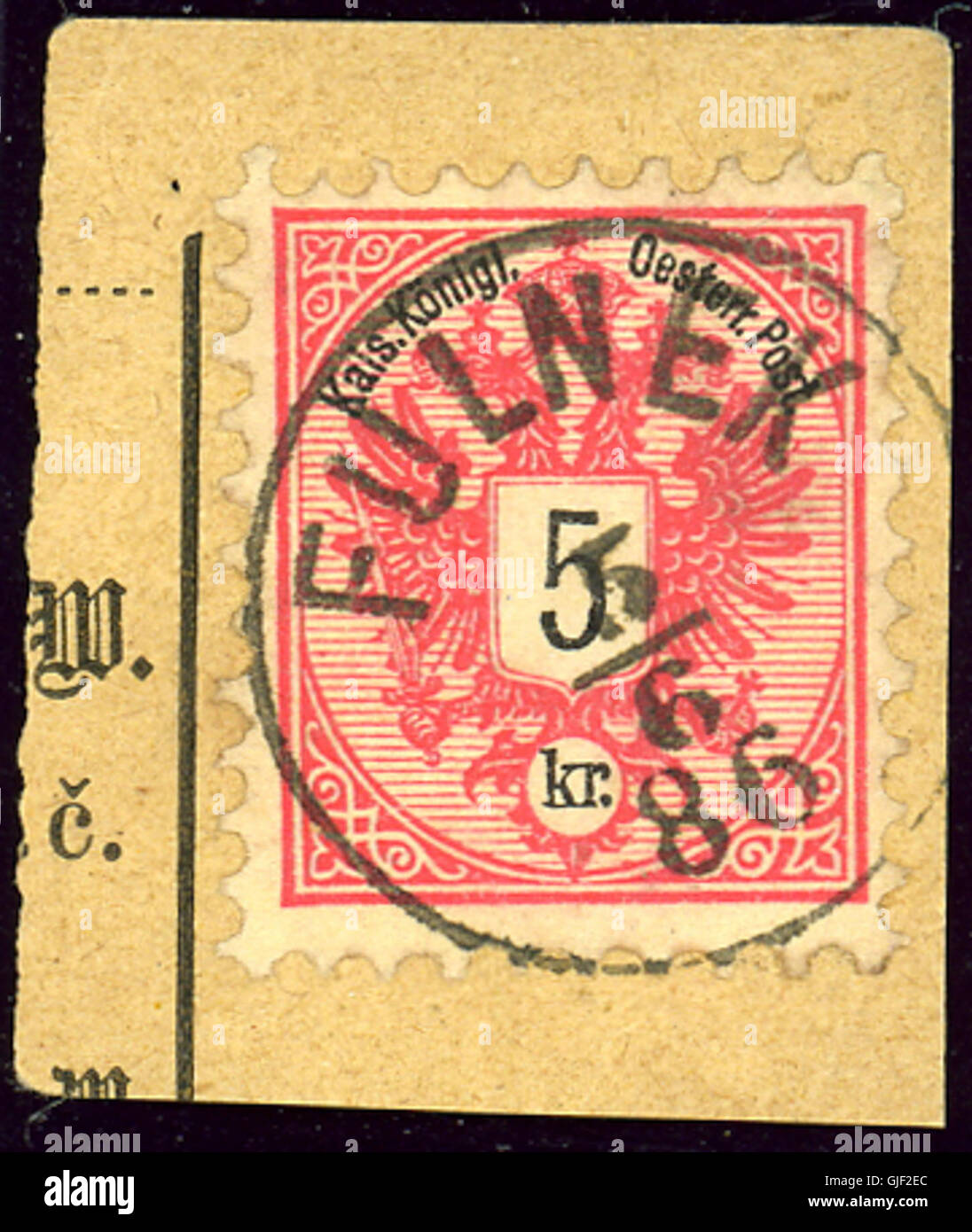 The 1886 Fulnek 5kr stamp from the Austro-Hungarian Empire features a ...