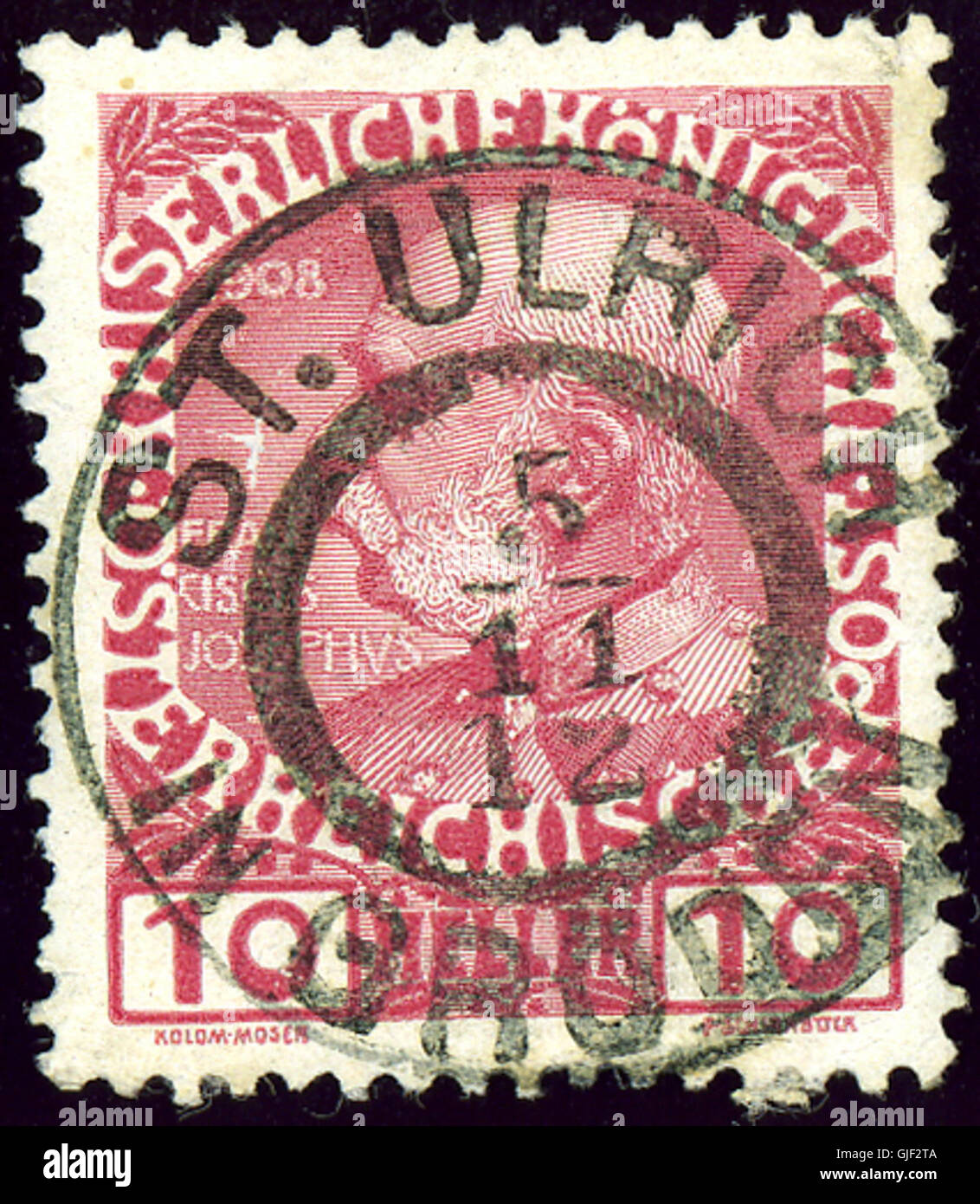 The 1912 10 Heller stamp from St. Ulrich in Gröden features a local ...