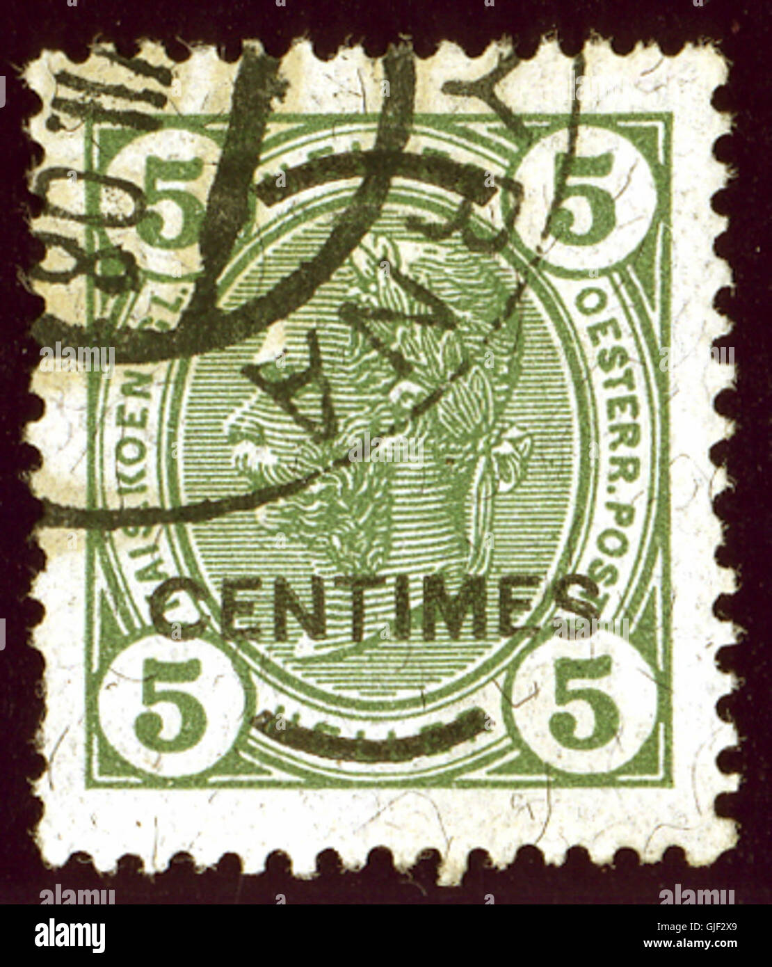 This 1908 stamp from Crete features a green 5 centimes denomination. It ...