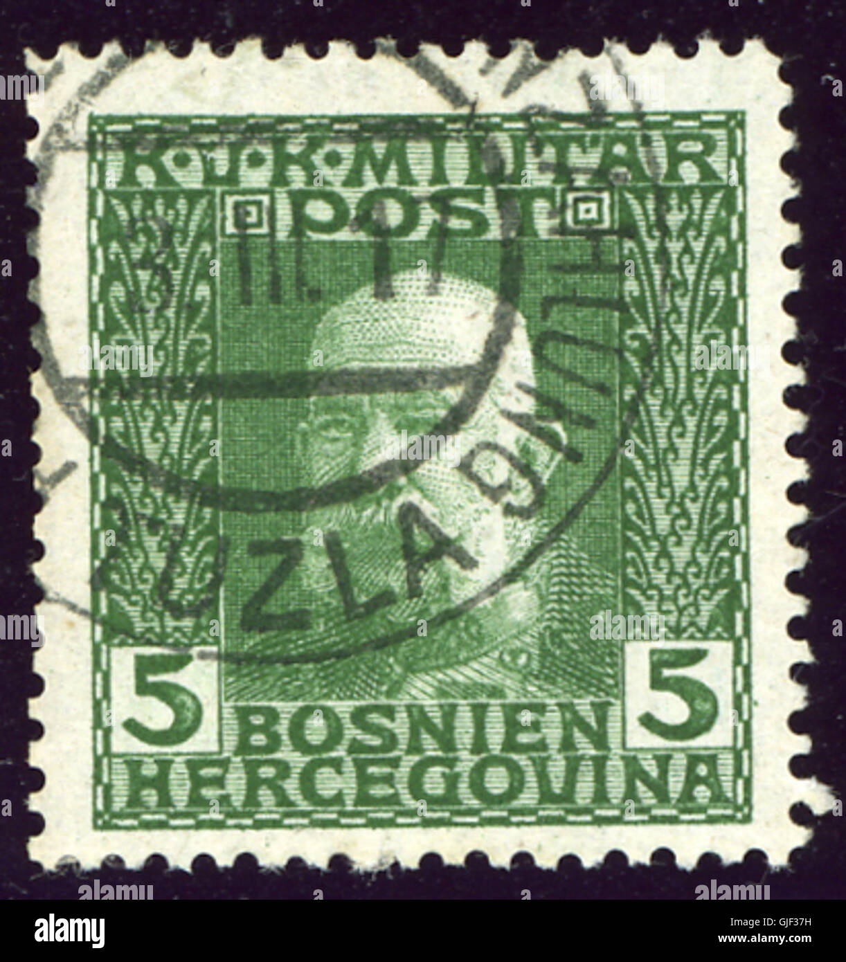 The 1917 Bosnia issue stamp, valued at 5h, from Tuzla, highlights the ...