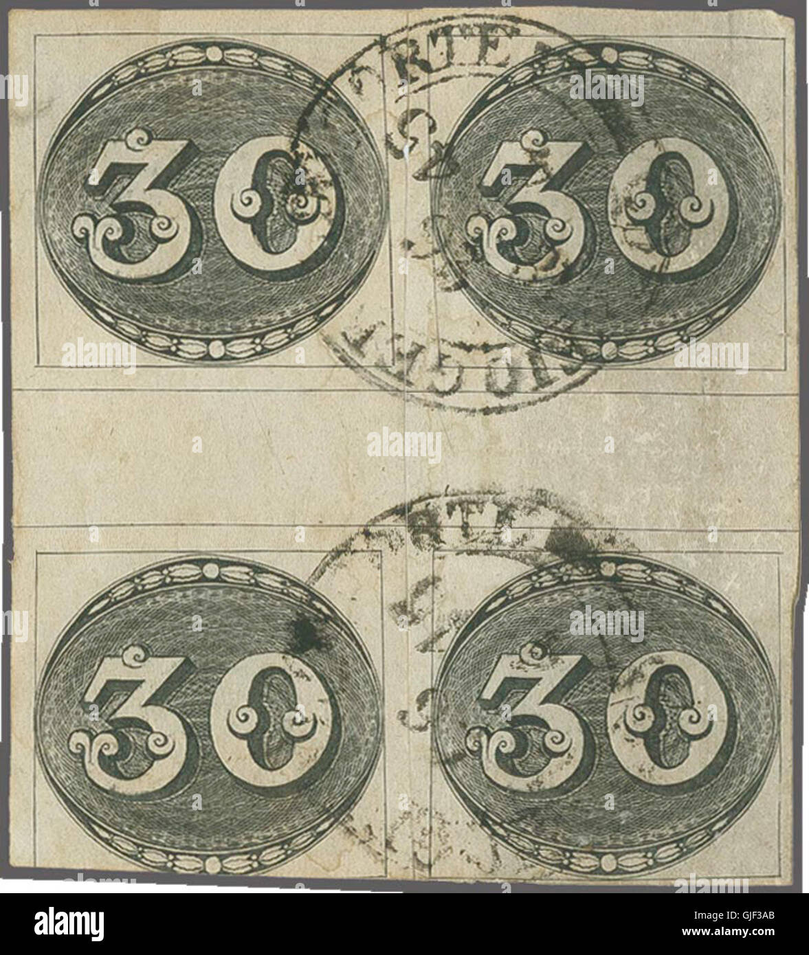 The 30 reis Bull's Eyes stamp from Brazil, issued in an interpane block ...