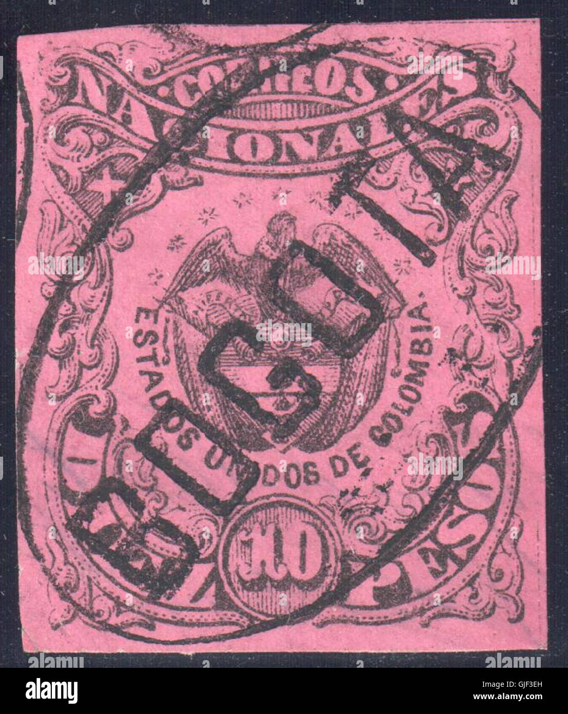 The 1877 Colombia Sc77u stamp features a distinctive design used in the ...