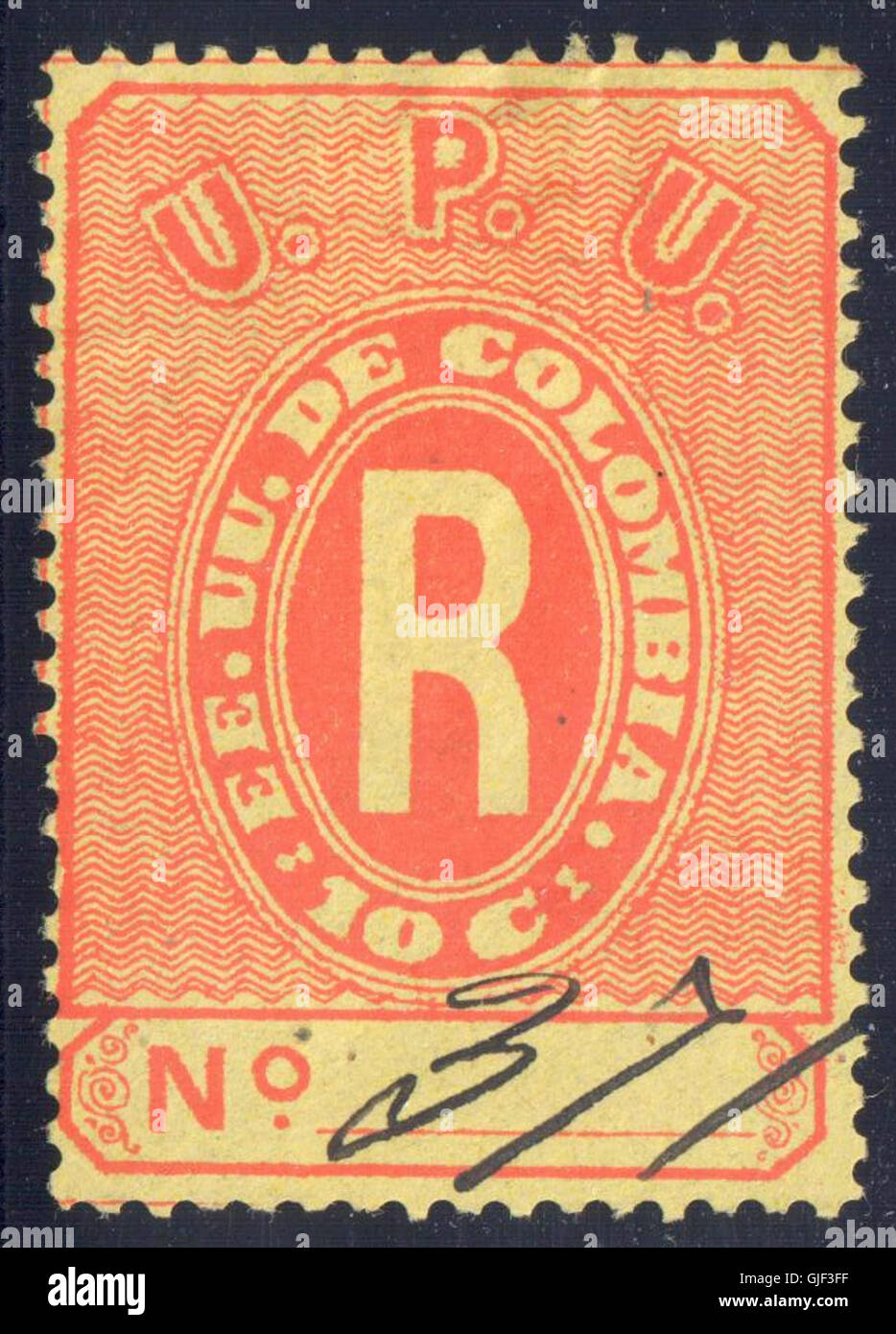 The 1883 Colombia ScF8 stamp features an intricate design typical of ...