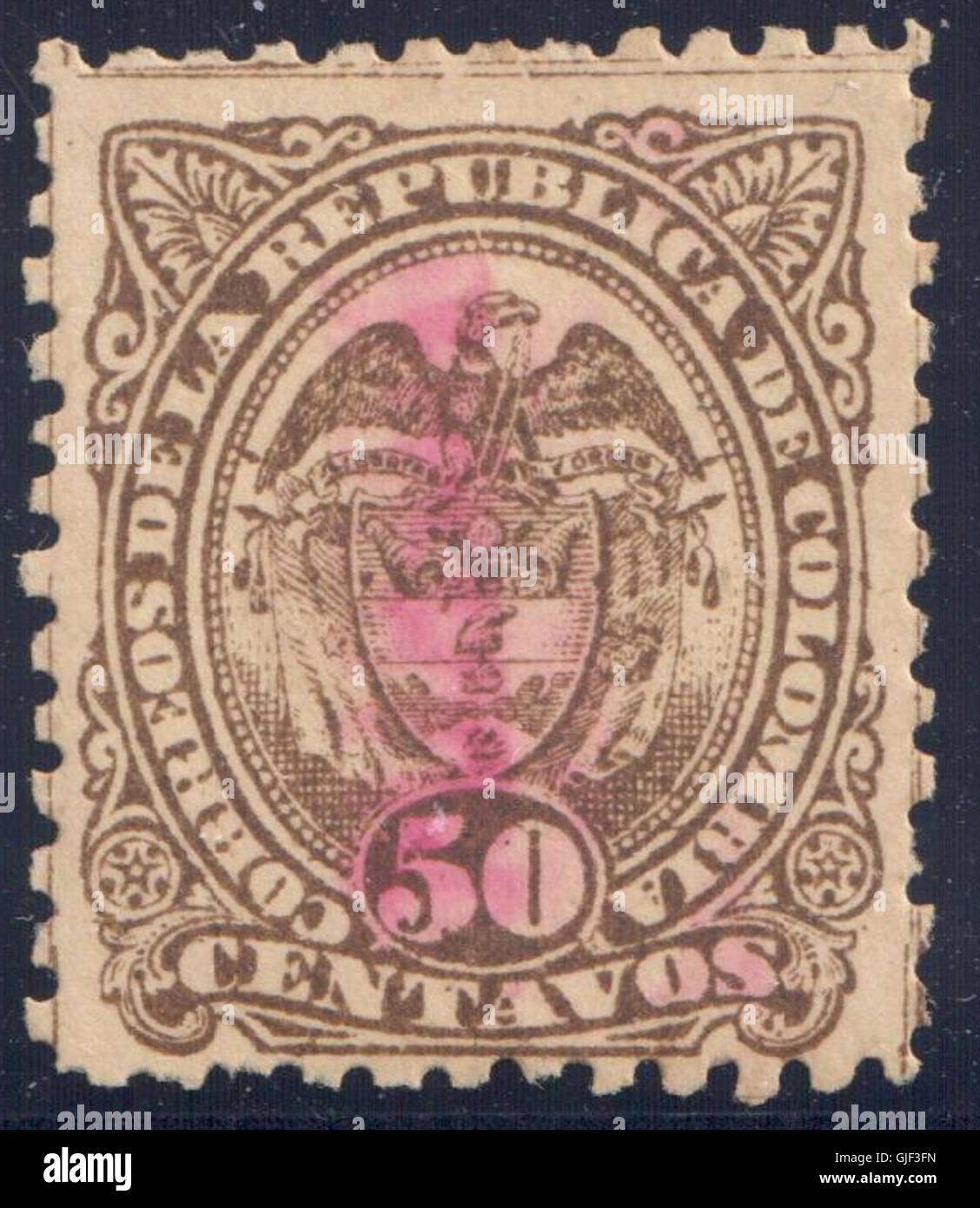 This 1888 Colombian stamp, identified as Sc135u, features a design ...
