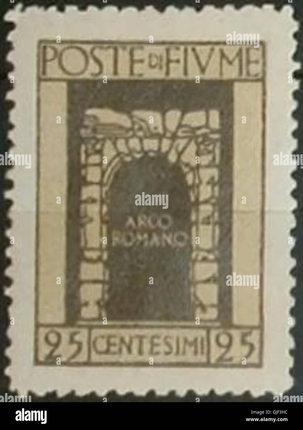 The 1923 Francobollo di Fiume 25 centesimi stamp features a Roman arch ...
