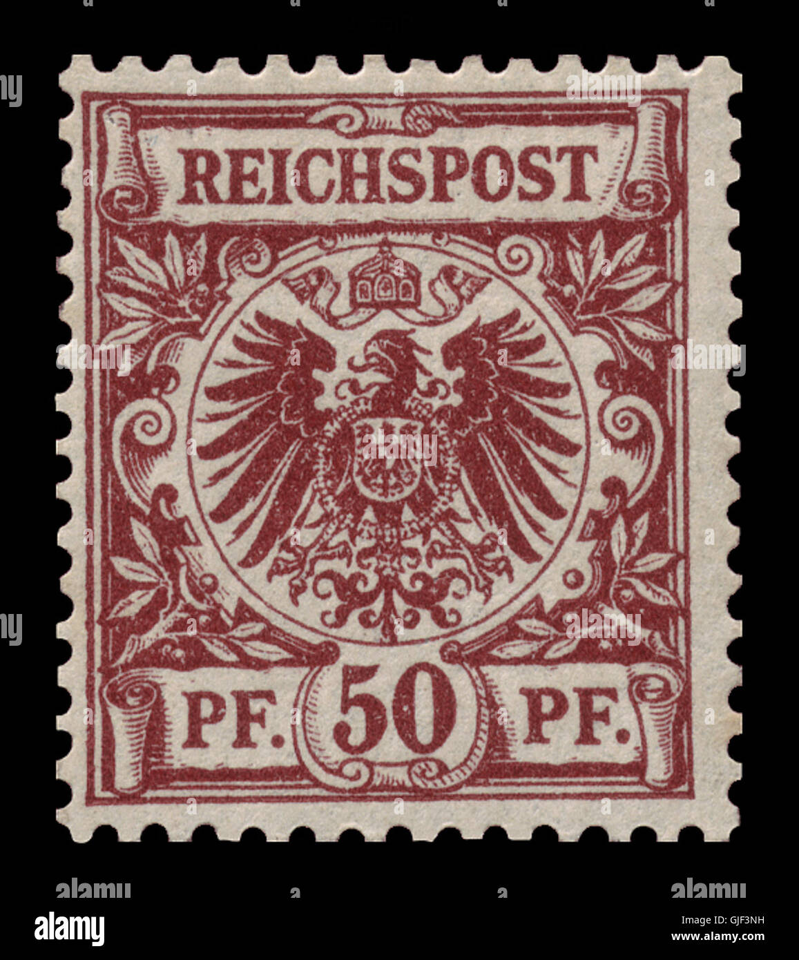 The DR 1889 50 Adler stamp, issued during the German Empire, features a ...