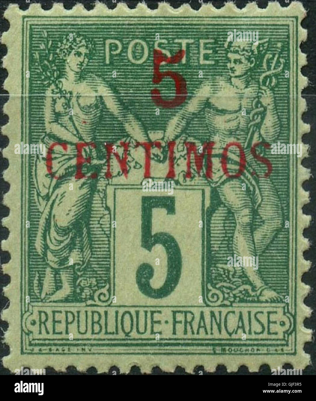 The French Morocco stamp features a postal mark from the period of ...