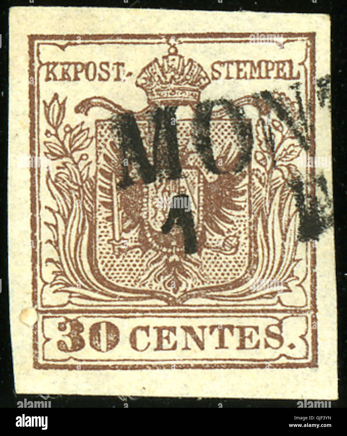 The 1850 30-centesimi Monza stamp is an early Italian postal issue ...