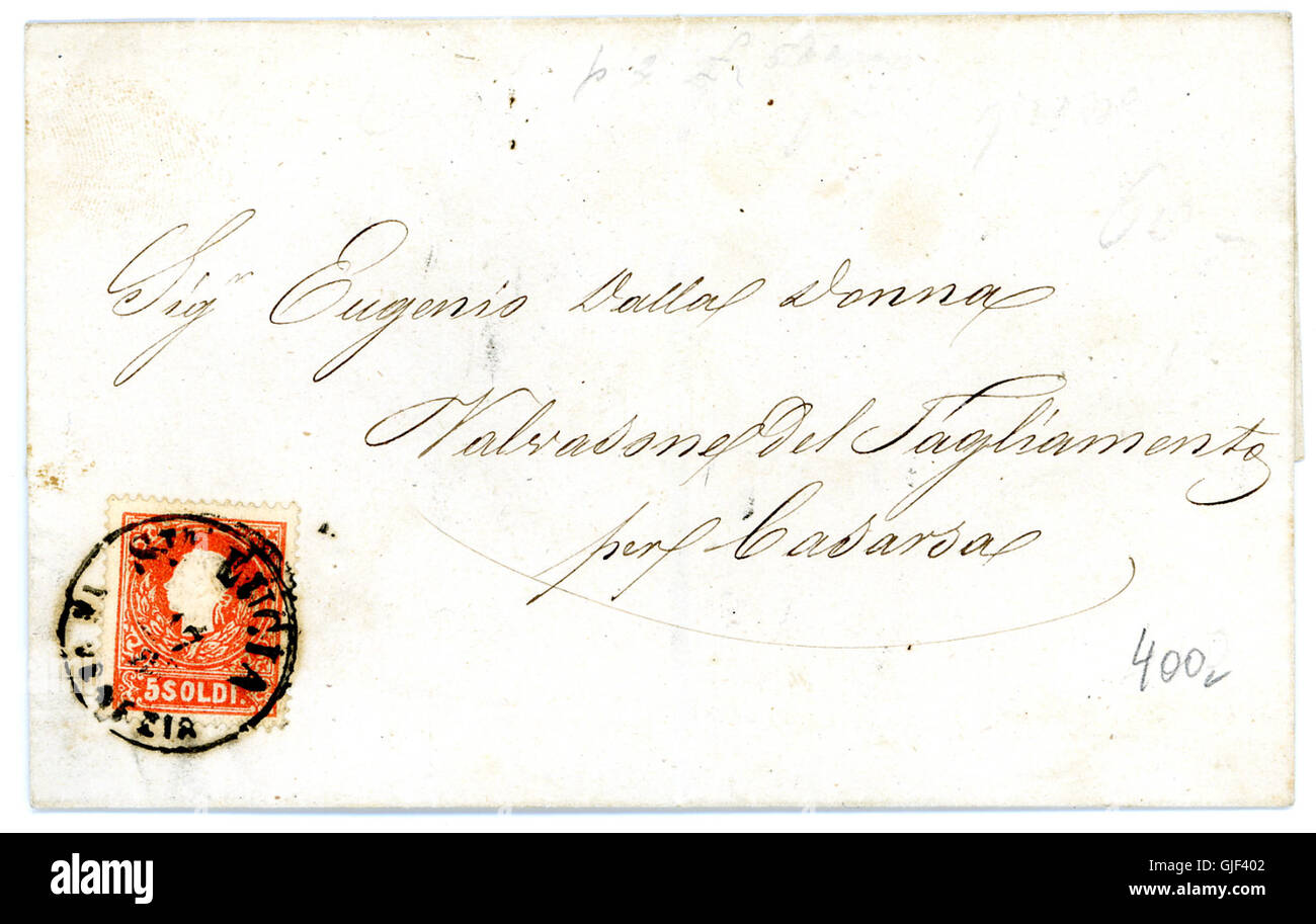 This 1858 circa 5 soldo stamp from St. Lucia in Venice represents a ...