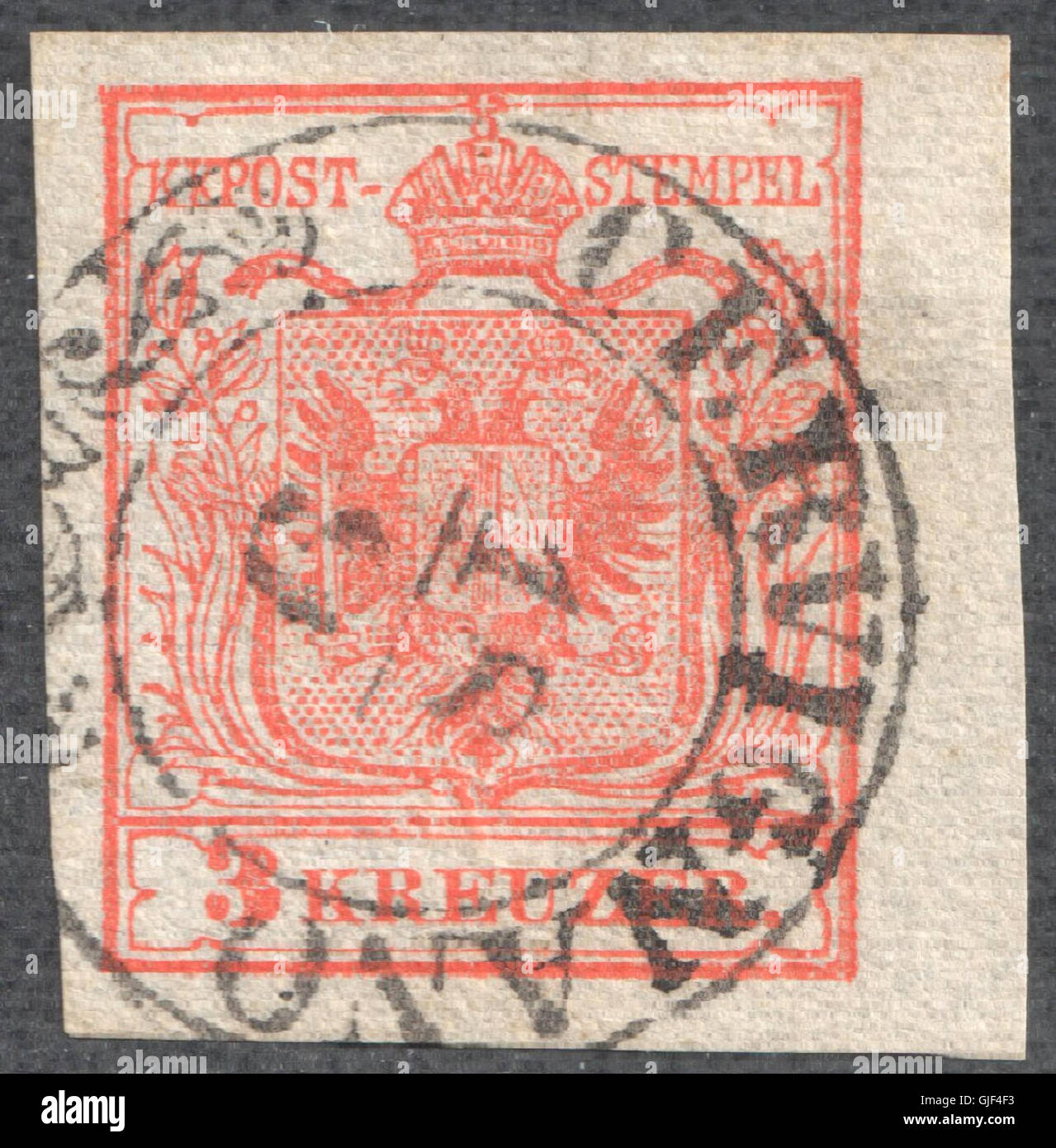 The Austria 1850 3Kr Ia CERVIGNANO stamp features a design used in ...