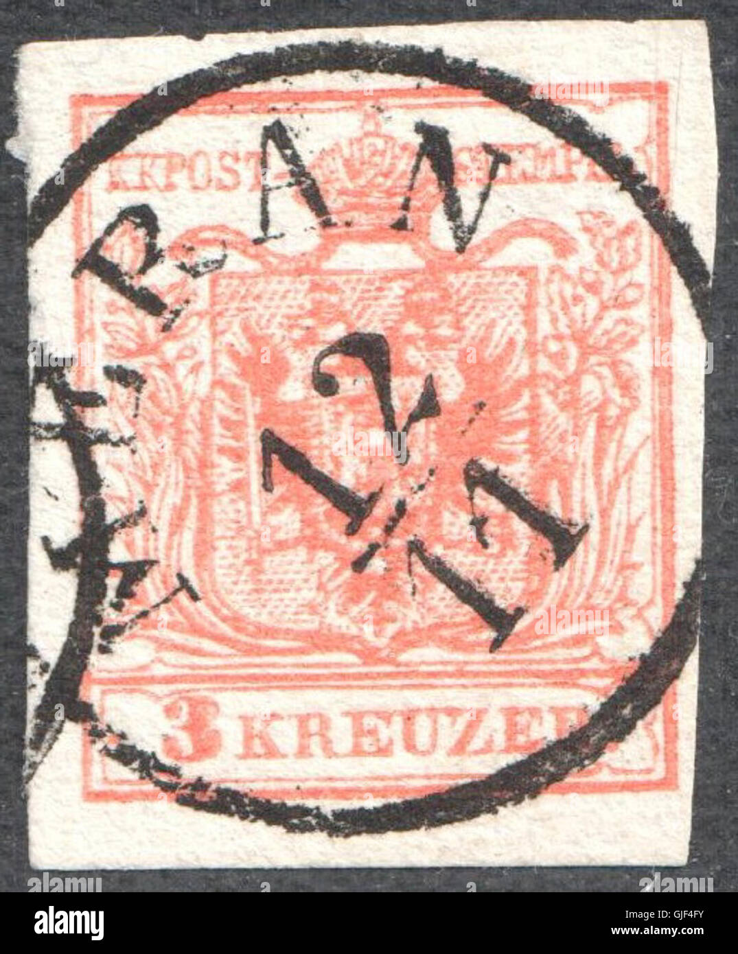 The 1850 3Kr IIIa HP Meran stamp from Austria features a classic design ...