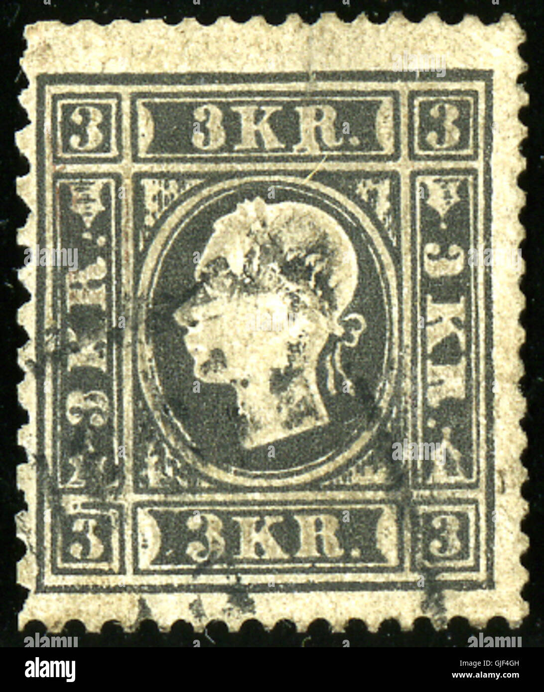 The 1858 3kr noir type Ib stamp features a rare print of a 3-kroner ...