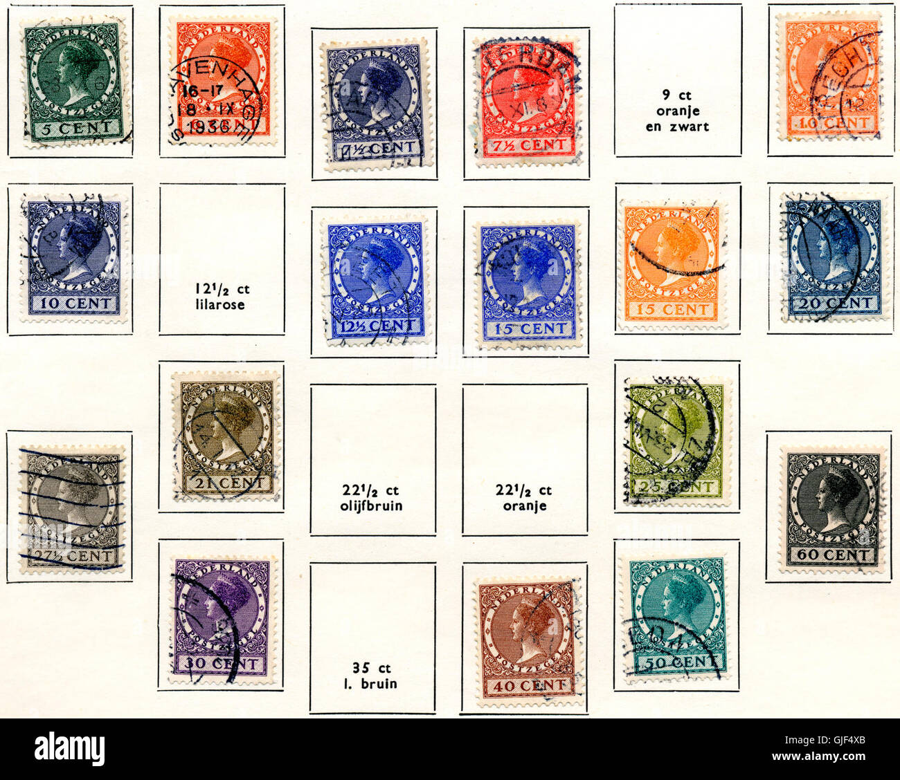 A series of Dutch 'Postzegel' stamps issued between 1926 and 1939, with ...