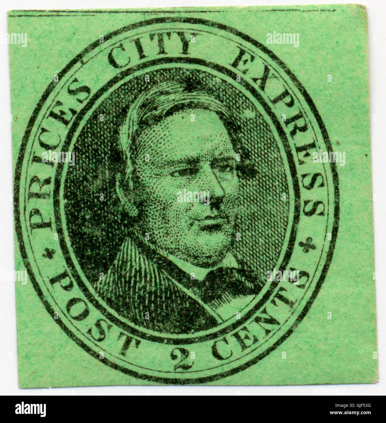 The 1858 Prices City Express stamp features a 2-cent green denomination ...