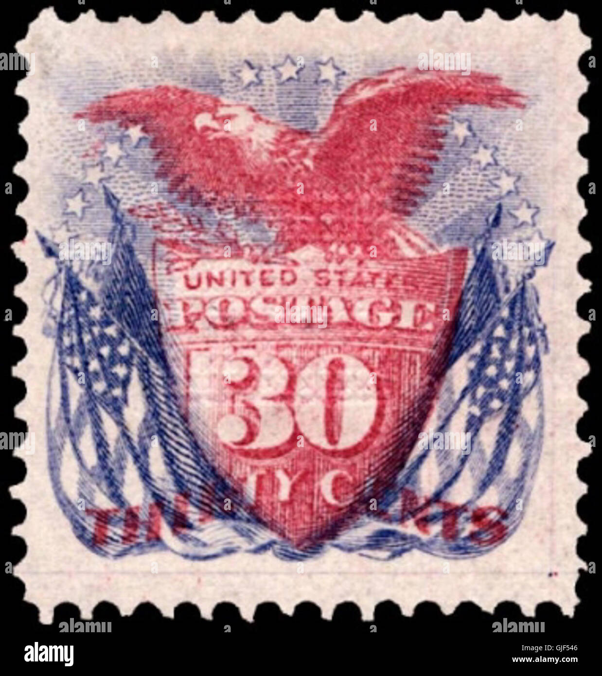 The 30½ Shield, Eagle & Flag stamp features an emblematic design with a ...