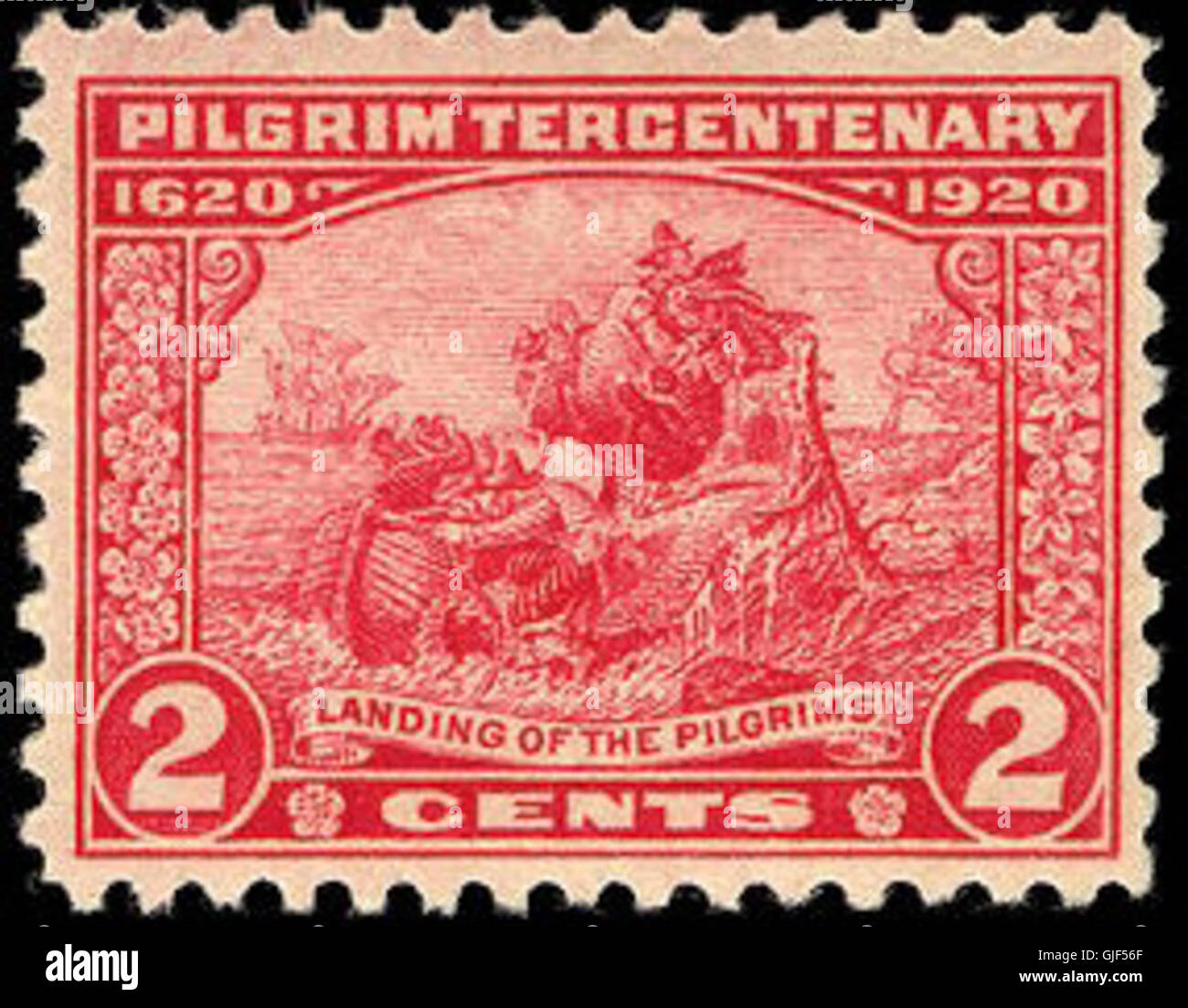 The 1920 U.S. stamp commemorates the Landing of the Pilgrims, depicting ...