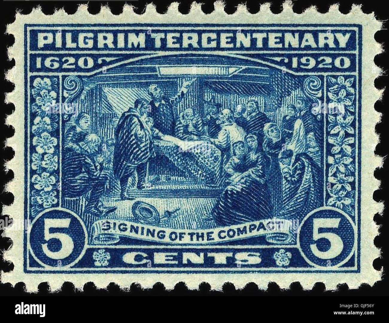 The 1920 U.S. stamp commemorates the Mayflower Compact, signed by ...