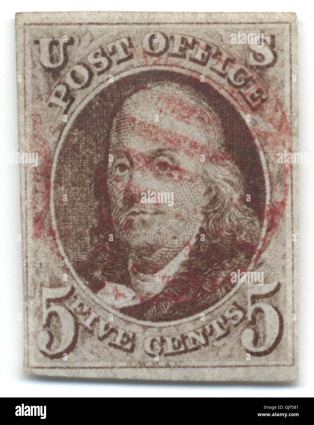 The 1847 United States 5c stamp features Benjamin Franklin, one of the ...