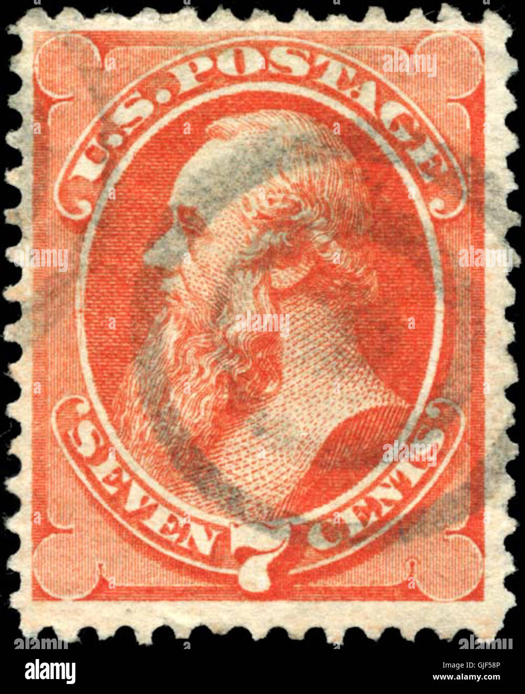 The 1873 7-cent US stamp, featuring the portrait of Samuel Stanton, is ...