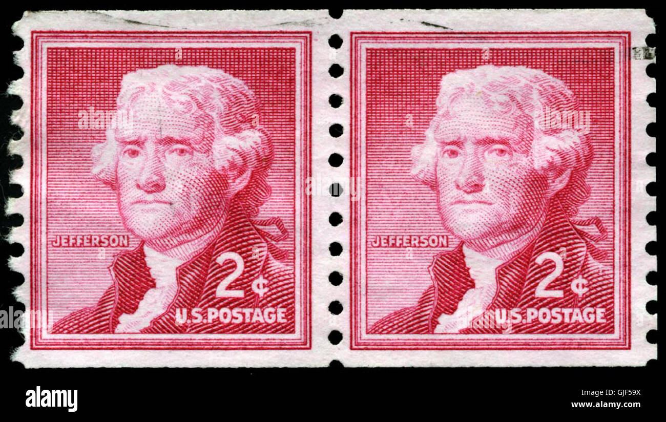 The 1954 US 2-cent Jefferson coil pair stamp features the portrait of ...