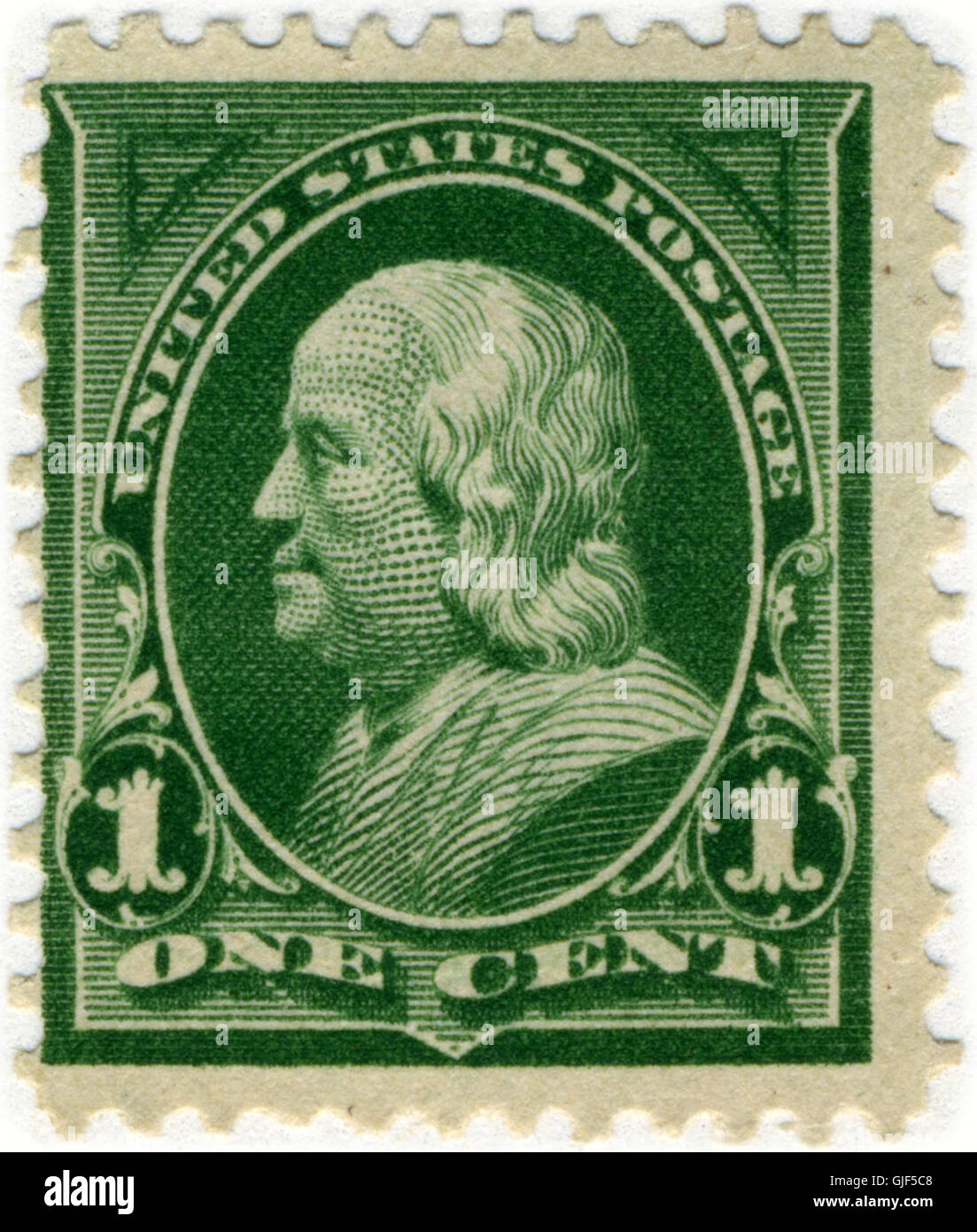 The 1898 1c Franklin green stamp features a portrait of Benjamin ...