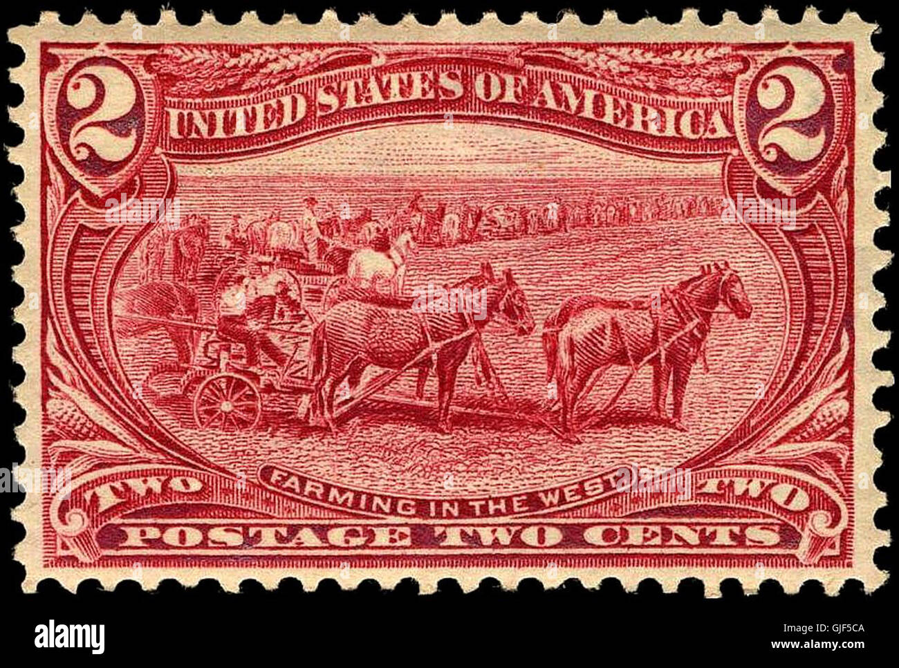 This 1898 2-cent U.S. stamp showcases farming in the West, illustrating ...