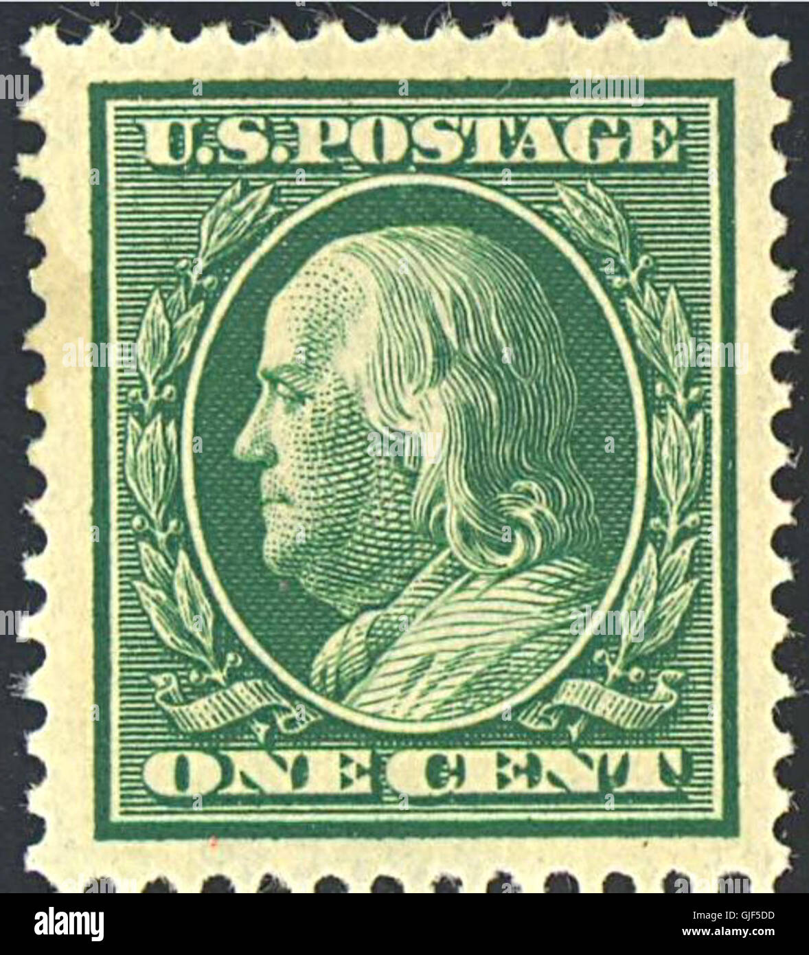 The 1908 US 1c Franklin stamp features a portrait of Benjamin Franklin ...