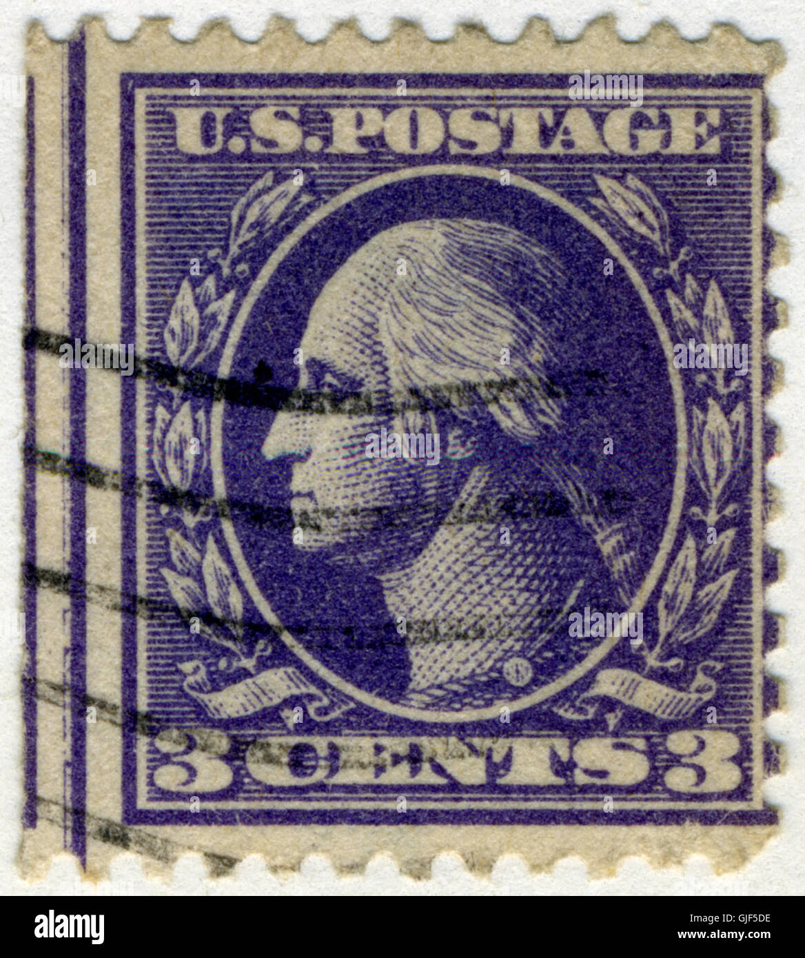 The 1908 US 3c Washington stamp features a postal mark and depicts ...